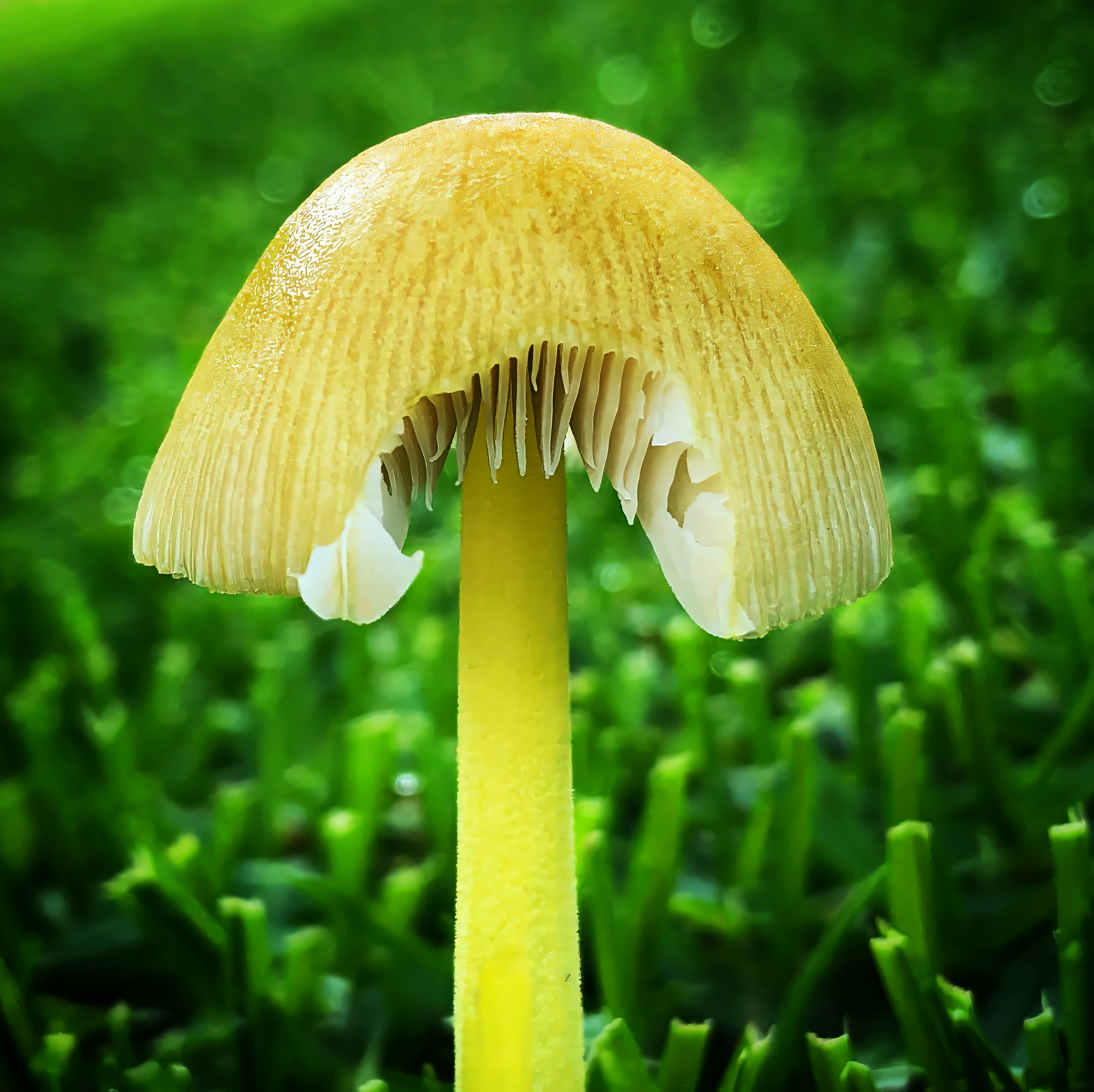 Yellow-capped Fungus Standing in a Green Field