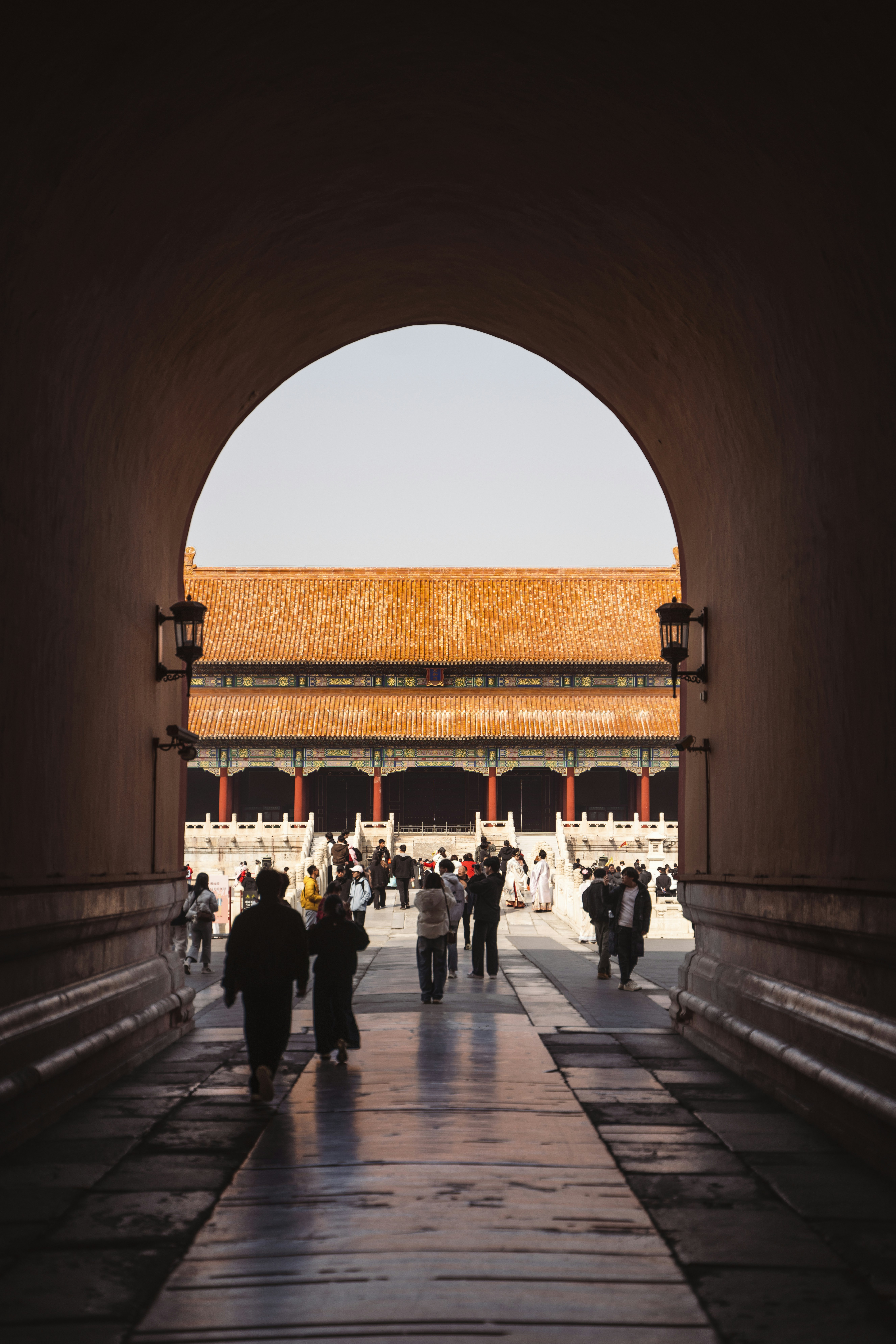 Sunlit Courtyard Through the Arch: Visitors in the Forbidden Hall