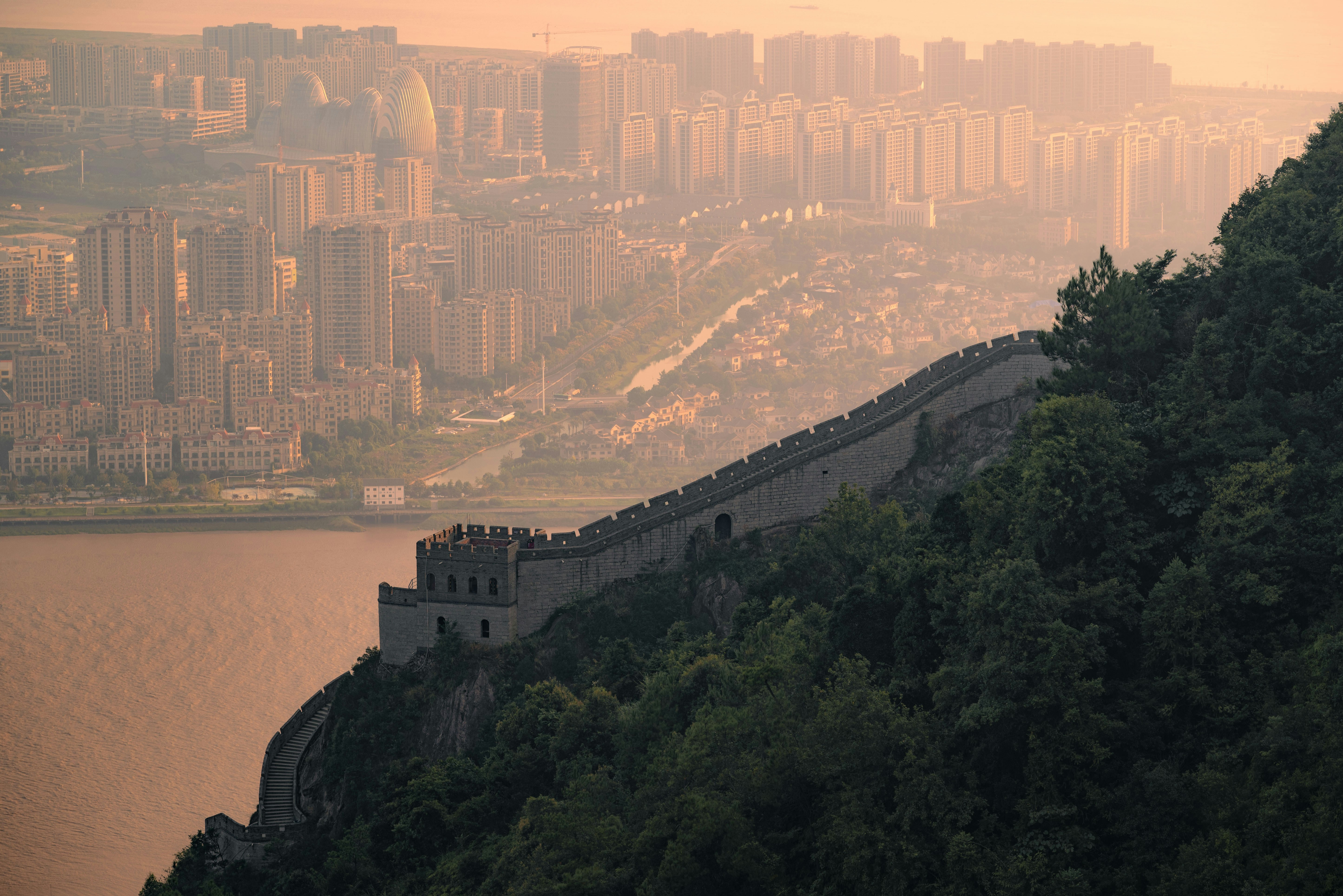 Moonlit Path: The Great Wall Winding Over Misty Hills