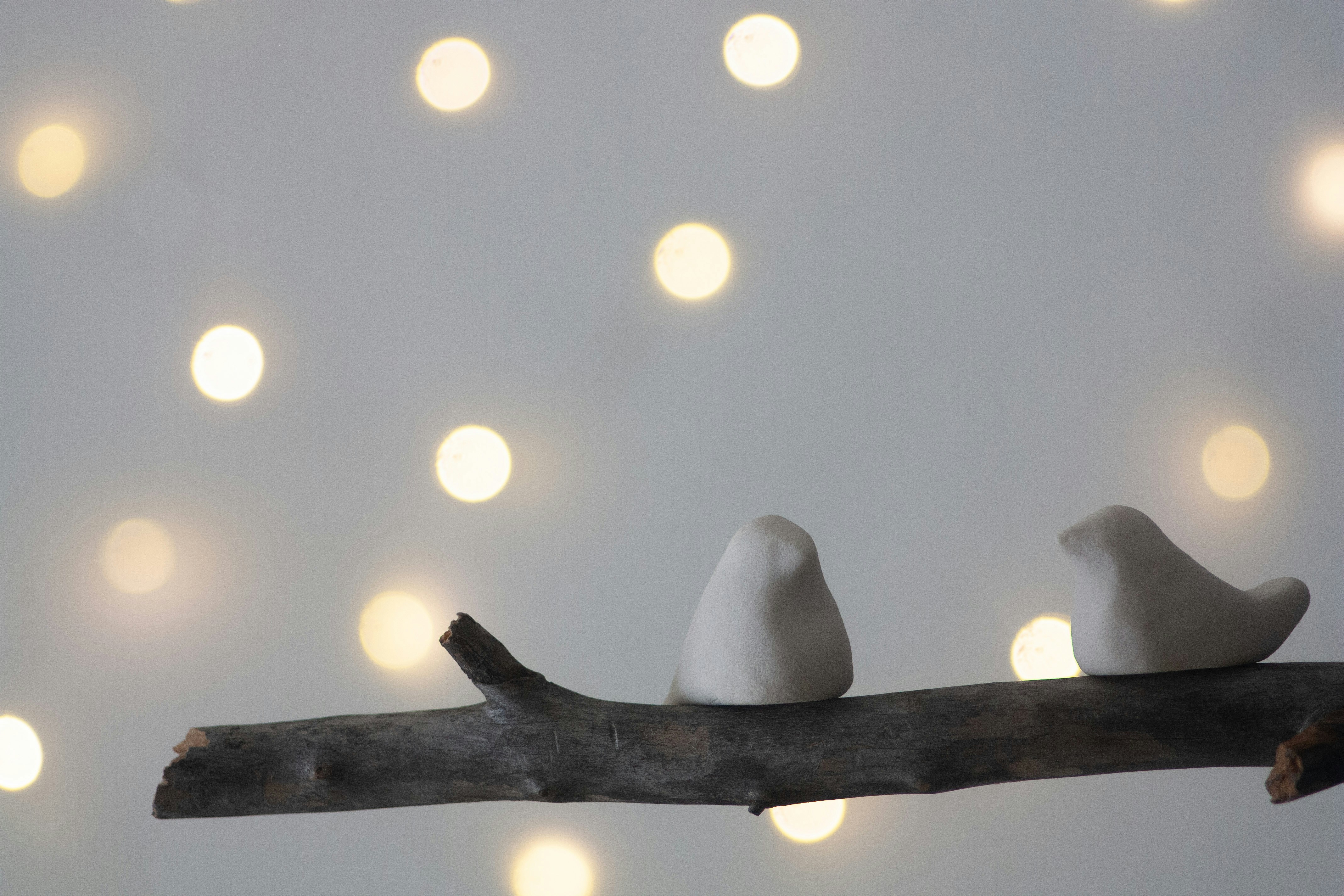 Two small white clay birds perched on a weathered branch with warm bokeh lights in the blurred background.