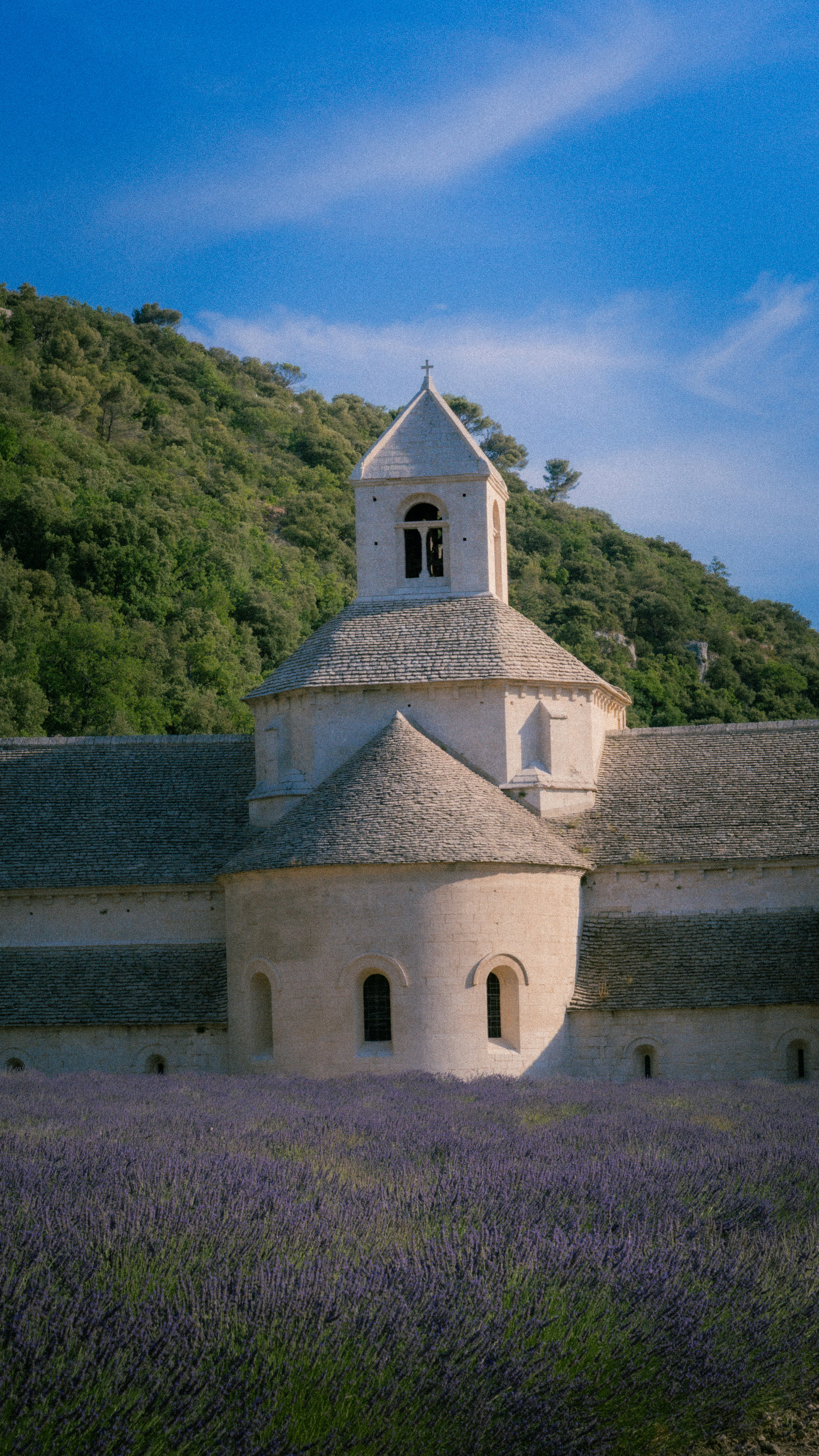 Lavender Cathedral: A Stone Bell Tower Beneath a Clear Sky