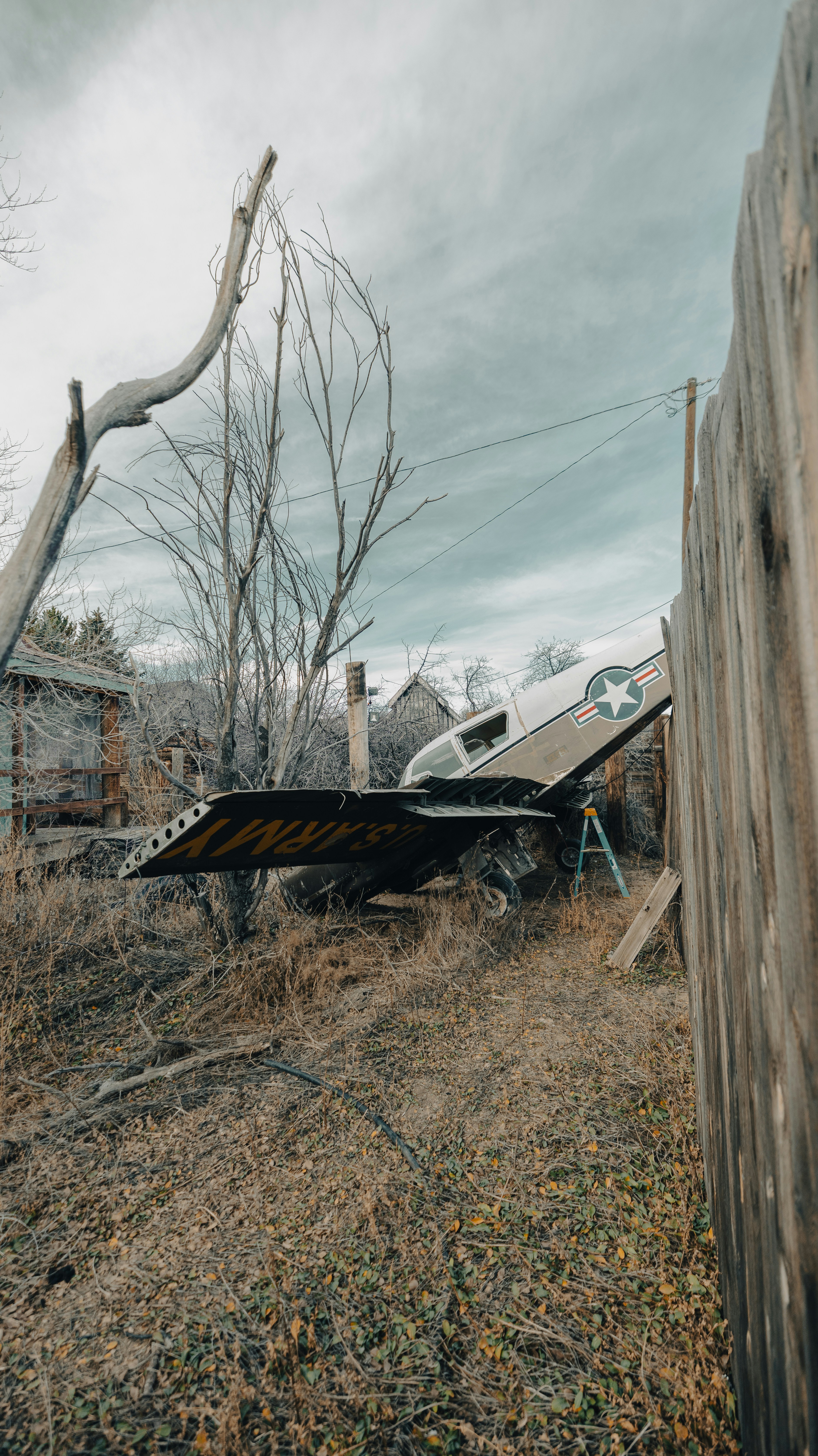 Derelict Warbird Resting Among Weeds in a Fenced Yard