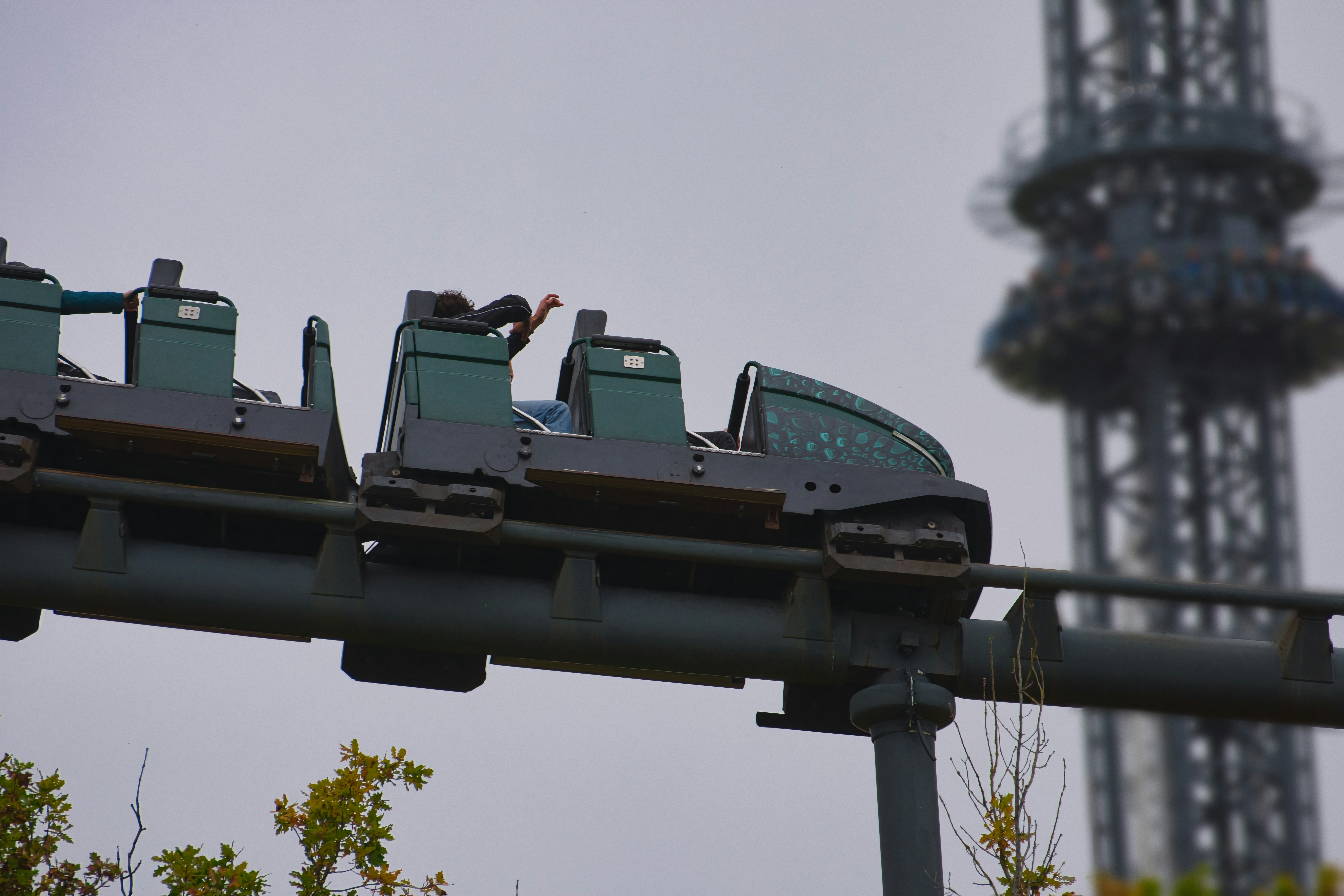 Roller Coaster of Steel: Riders Ride the Rails Under a Towering Skyline