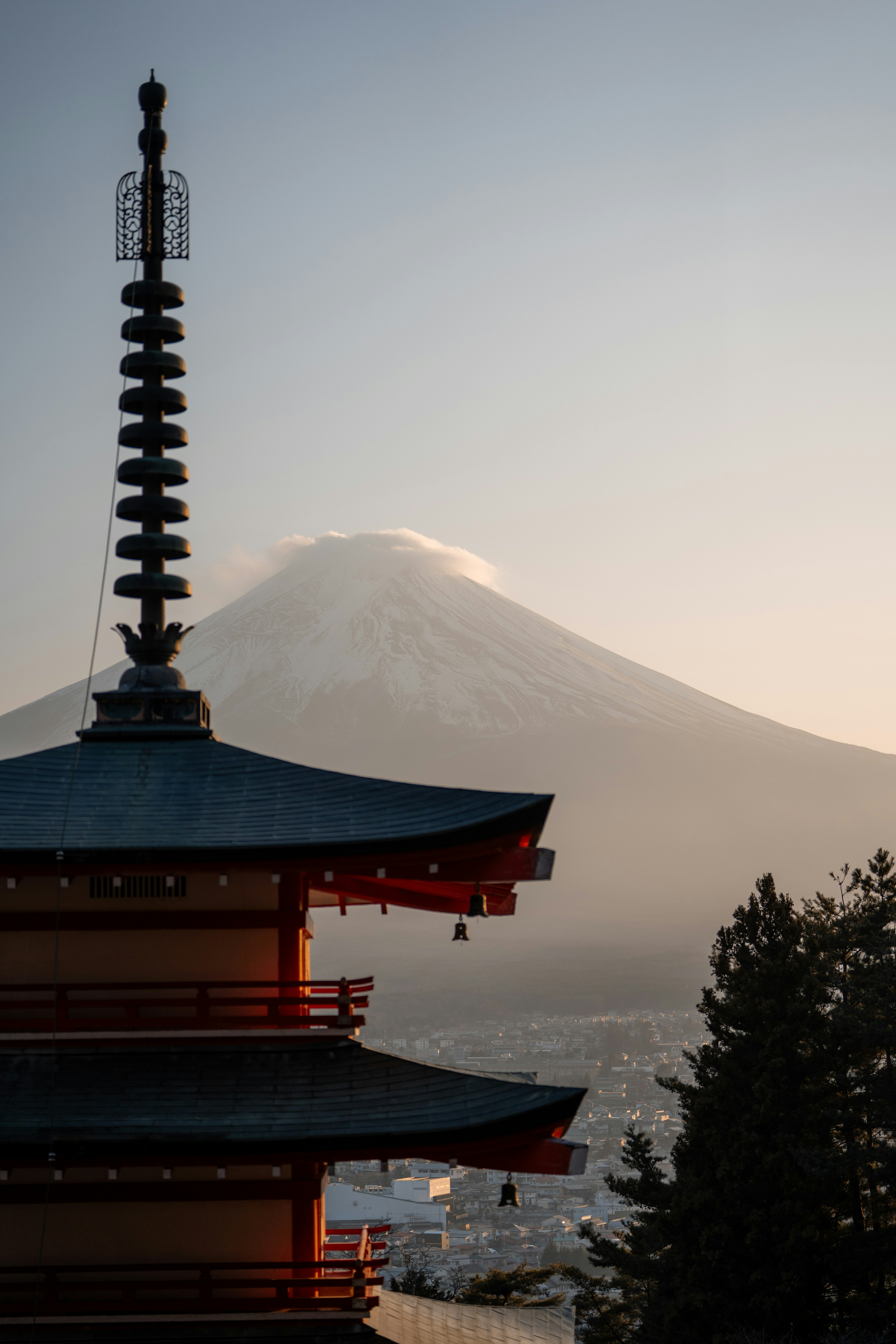 Red Pagoda and Mount Fuji at Sunset