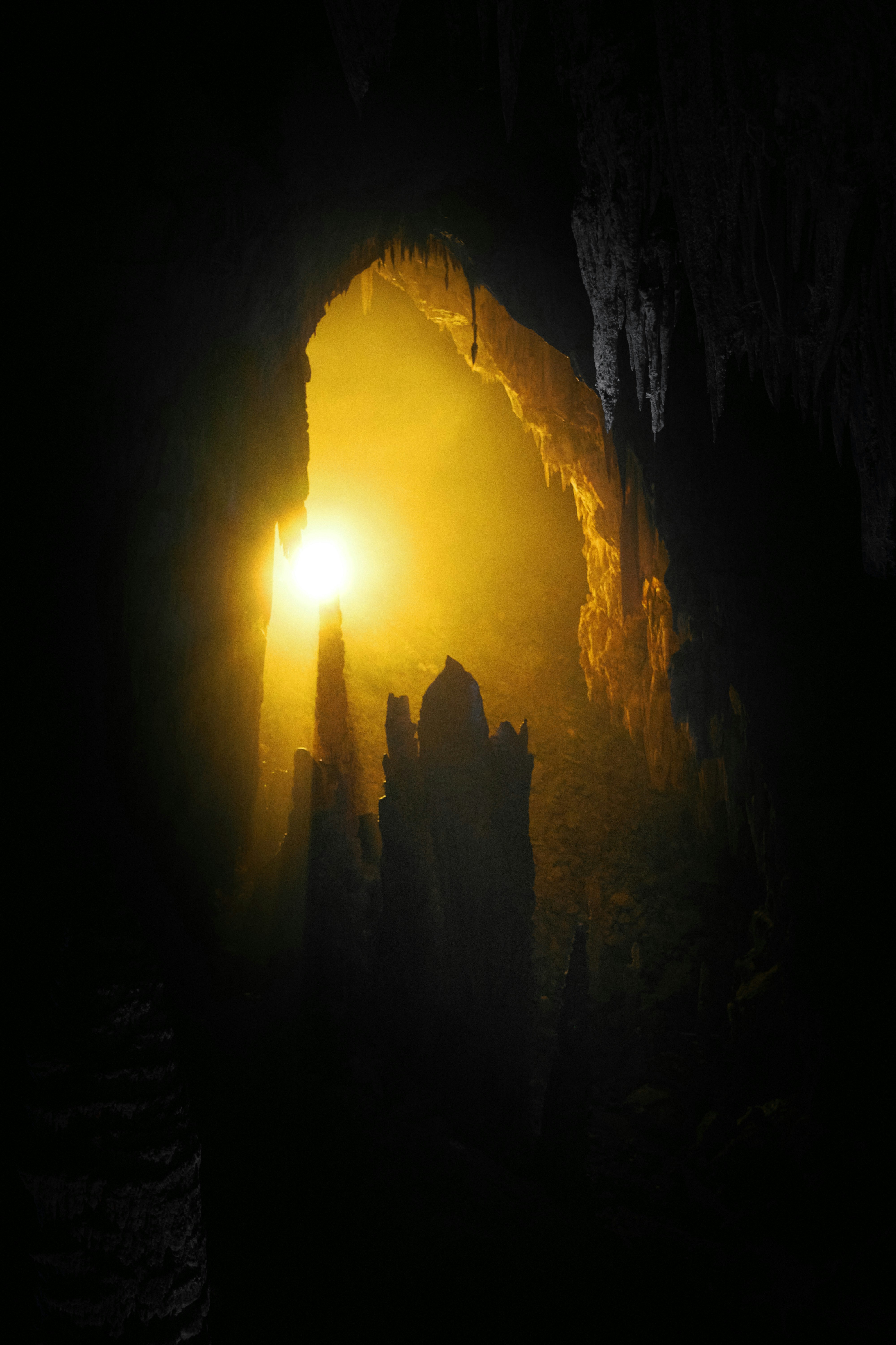 Golden Portal: Light Filtering Through a Stalactite Cathedral