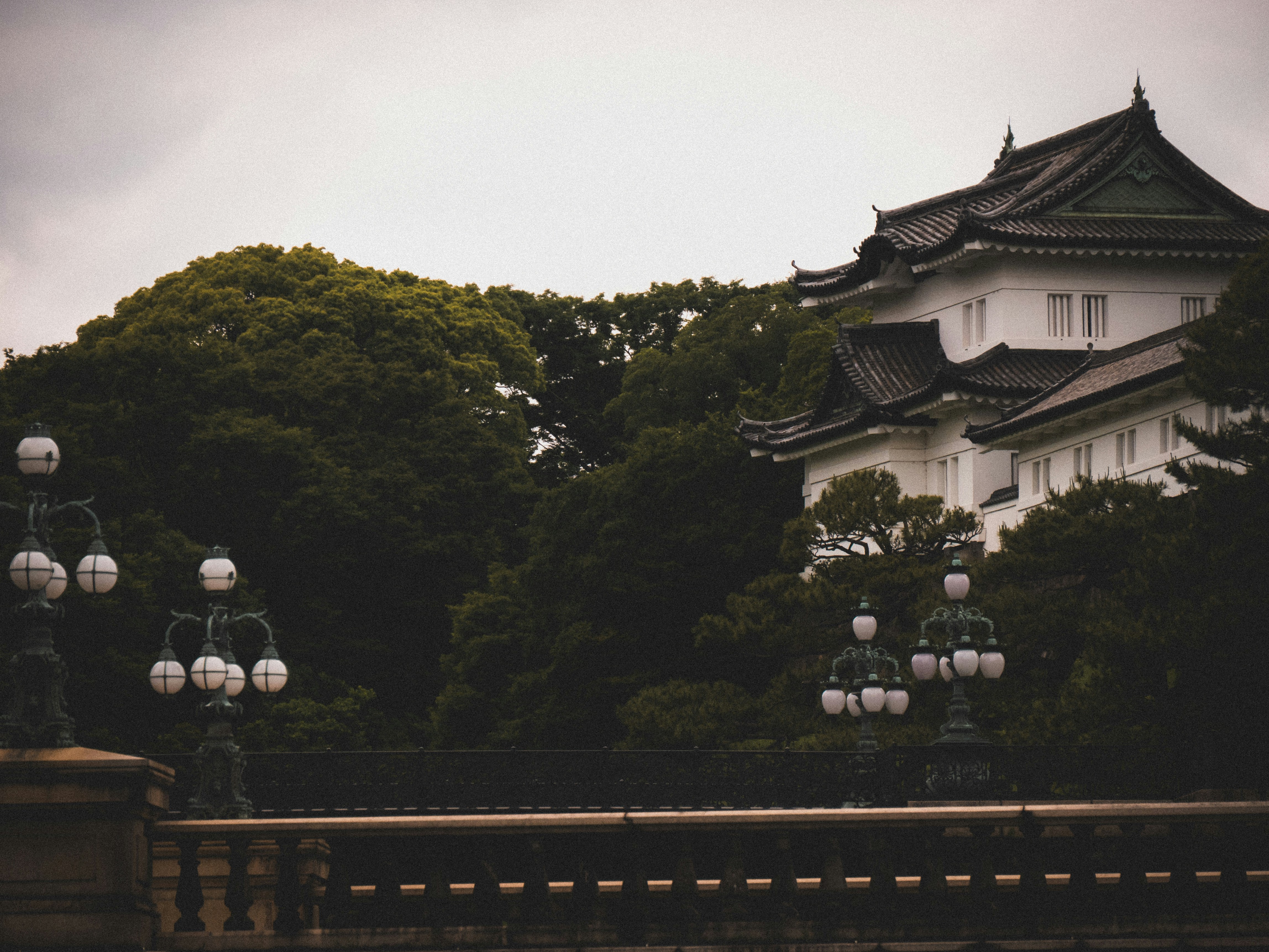 Temple Rooflines Framed by Garden Lanterns