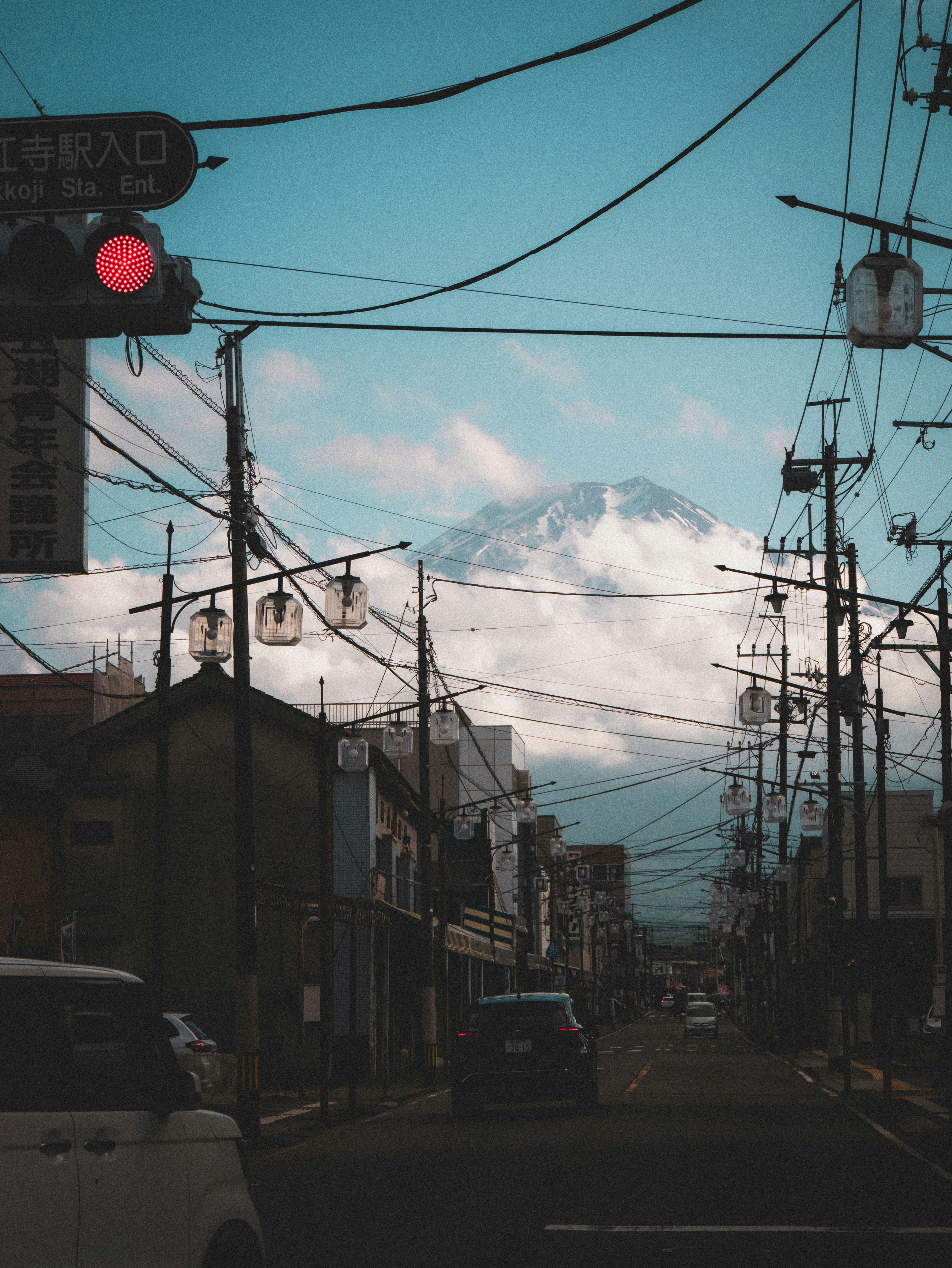 Snow-capped Peak Over a Tangled Urban Cable Network