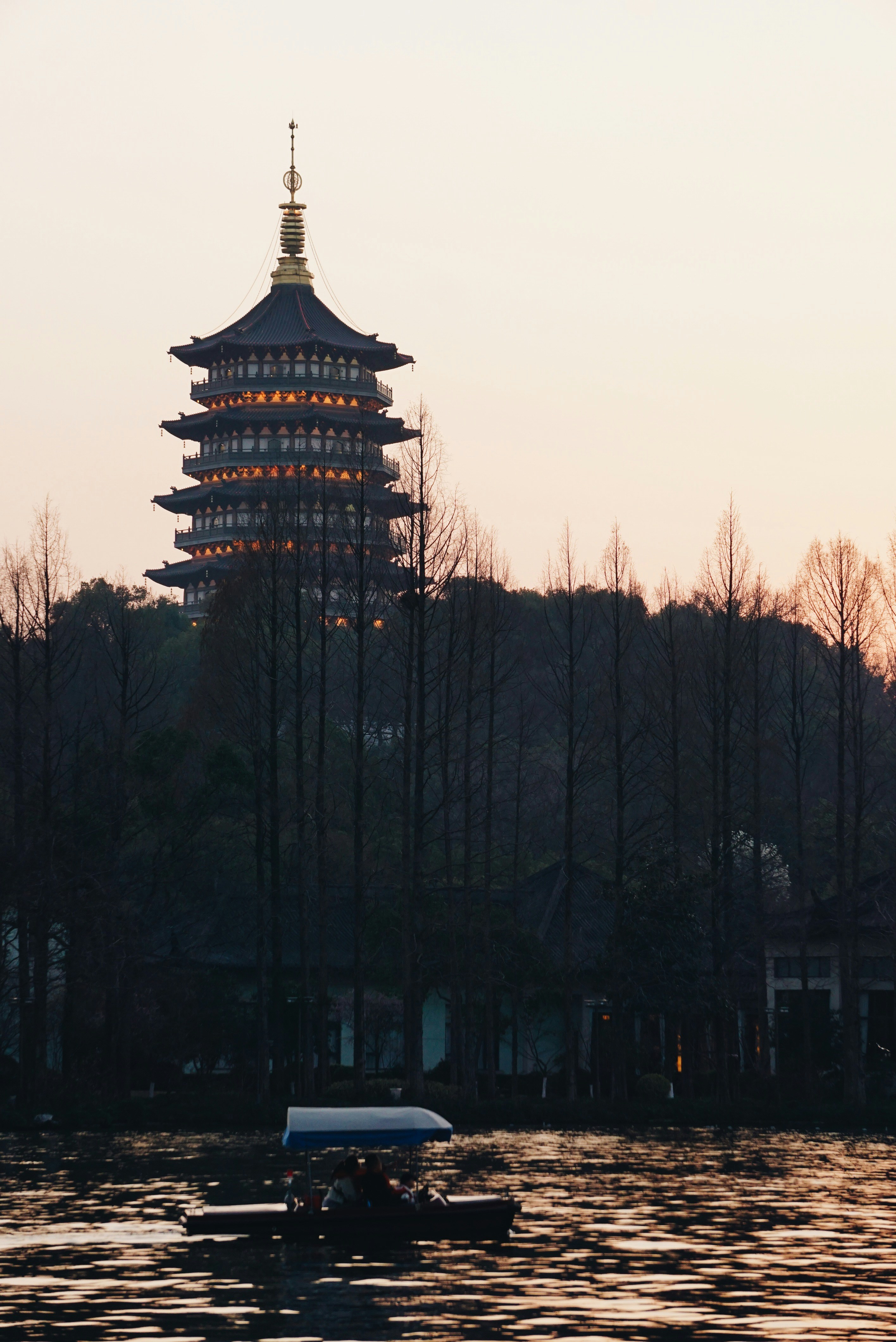 Silhouette of a Pagoda Framed by Winter Trees at Dusk