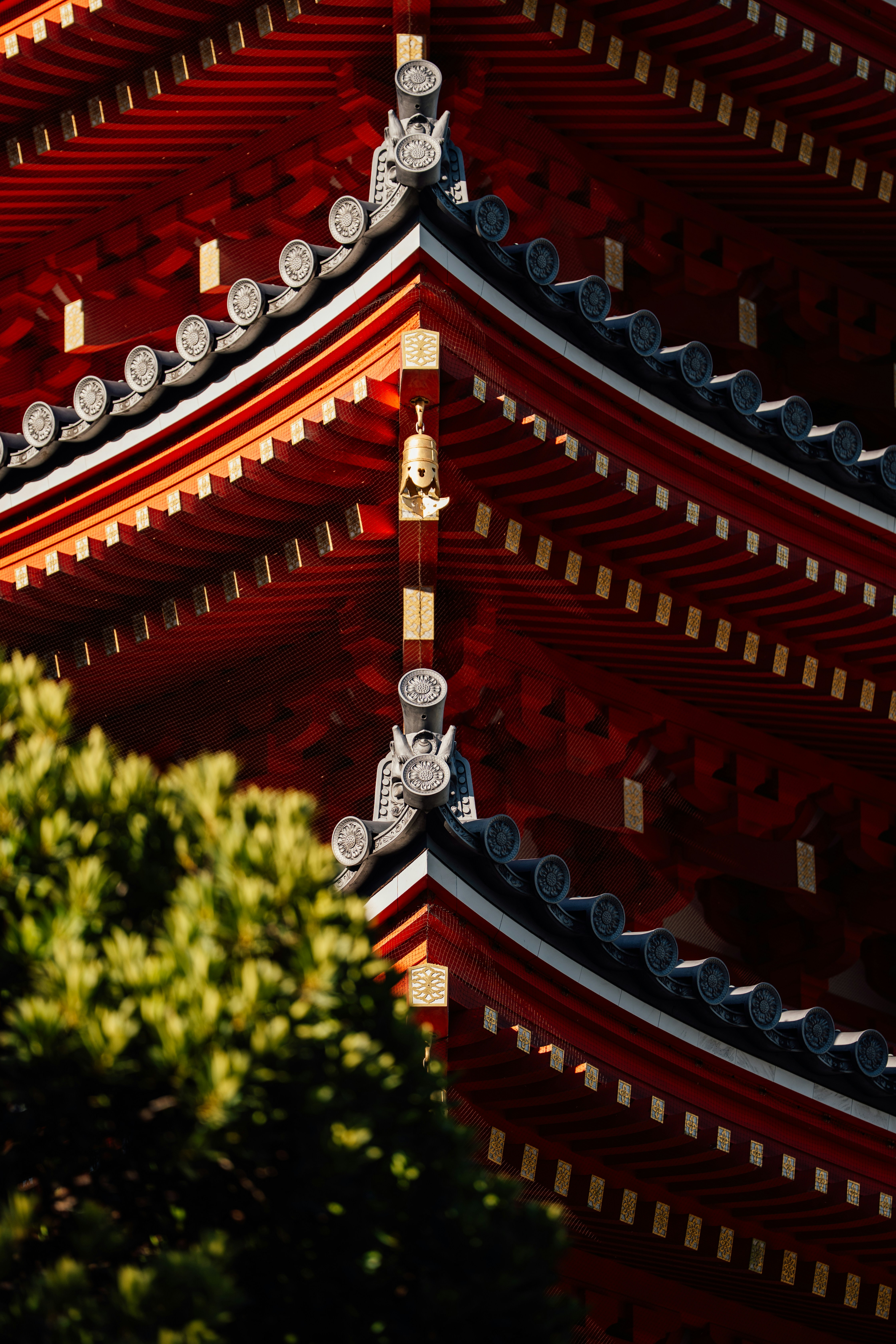 Symmetrical Temple Eaves in Crimson Light