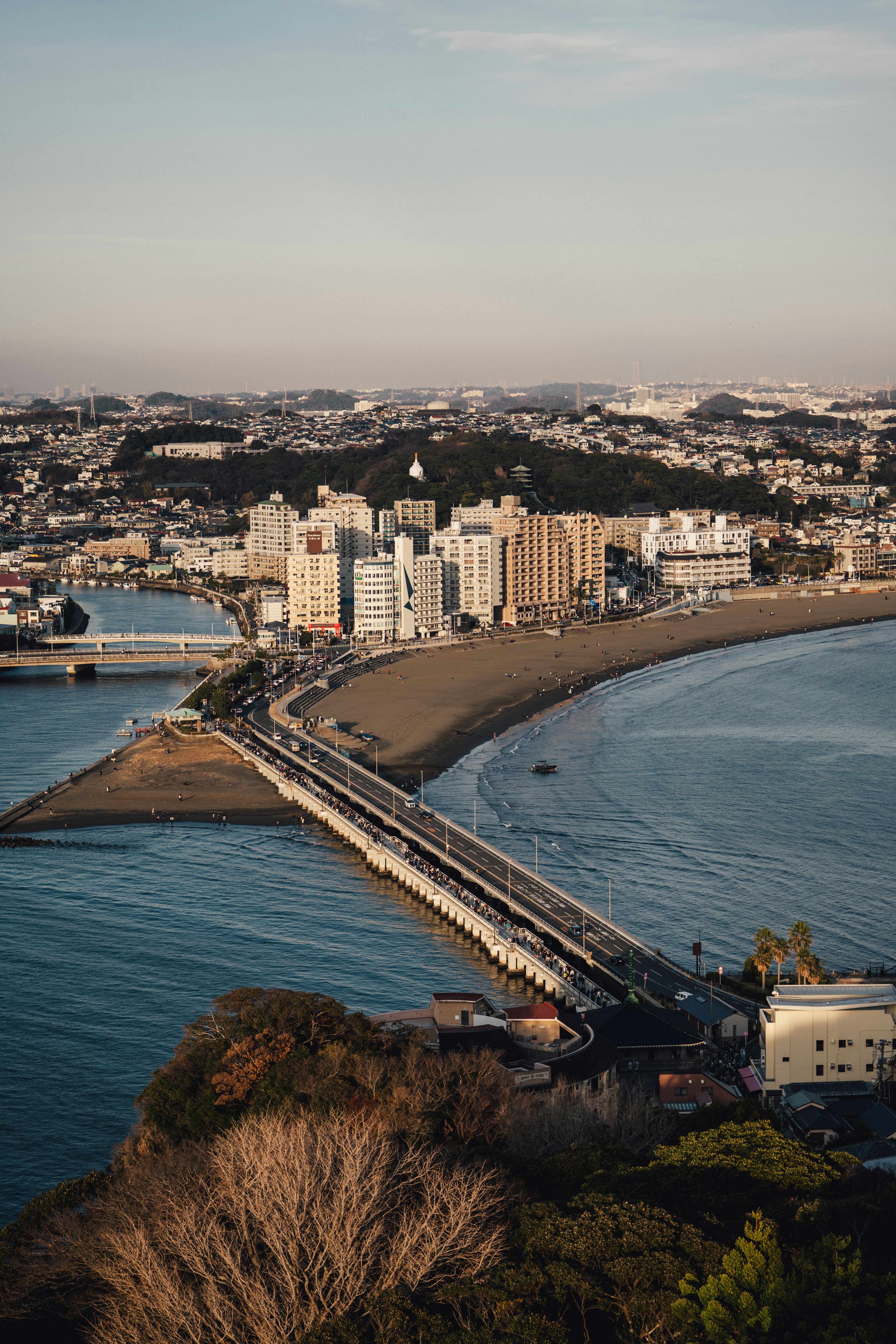 Bridge and shoreline slice: A coastal city stitched along a curving bay