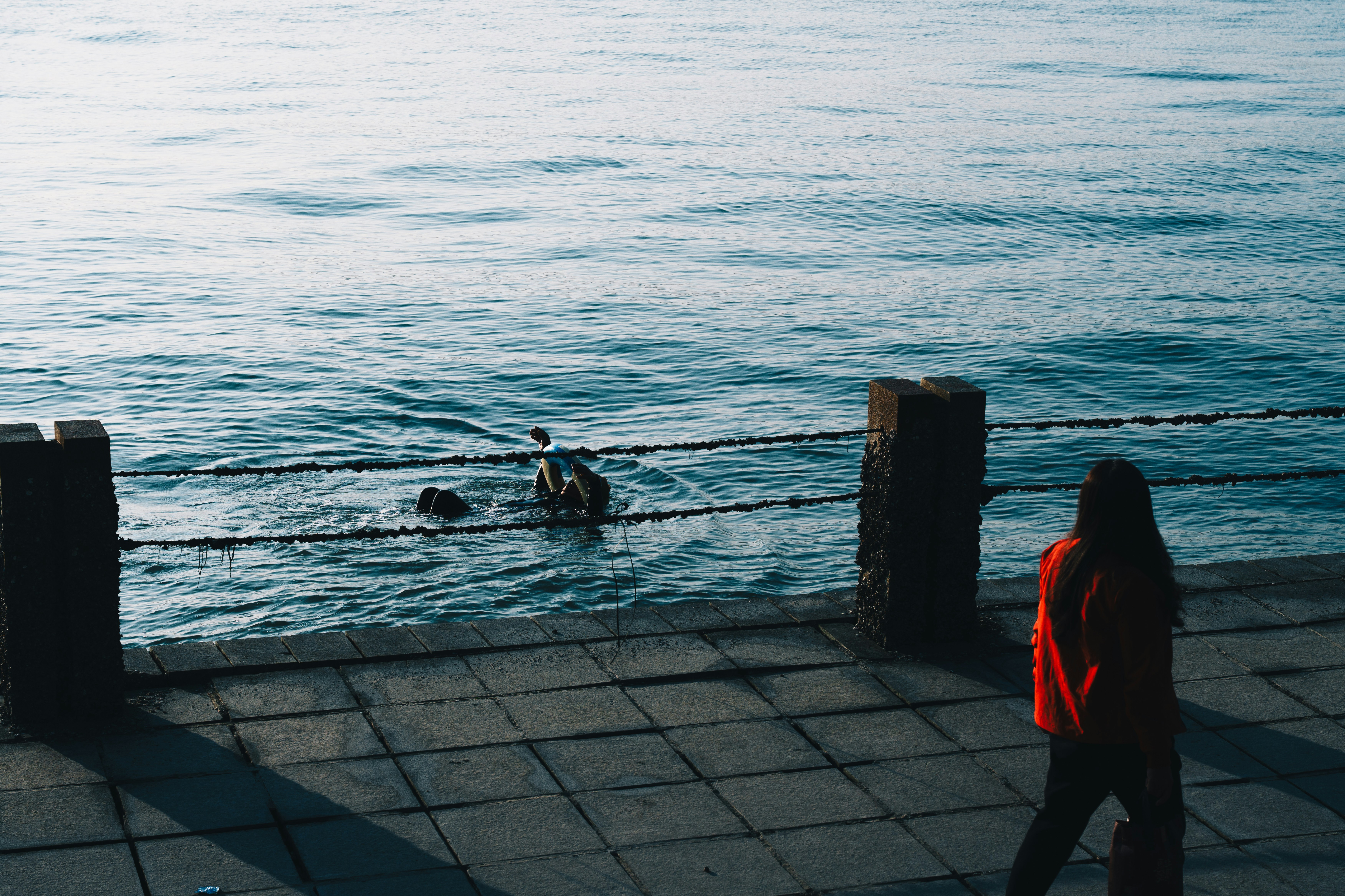 Red-Clad Figure at the Waterfront Edge
