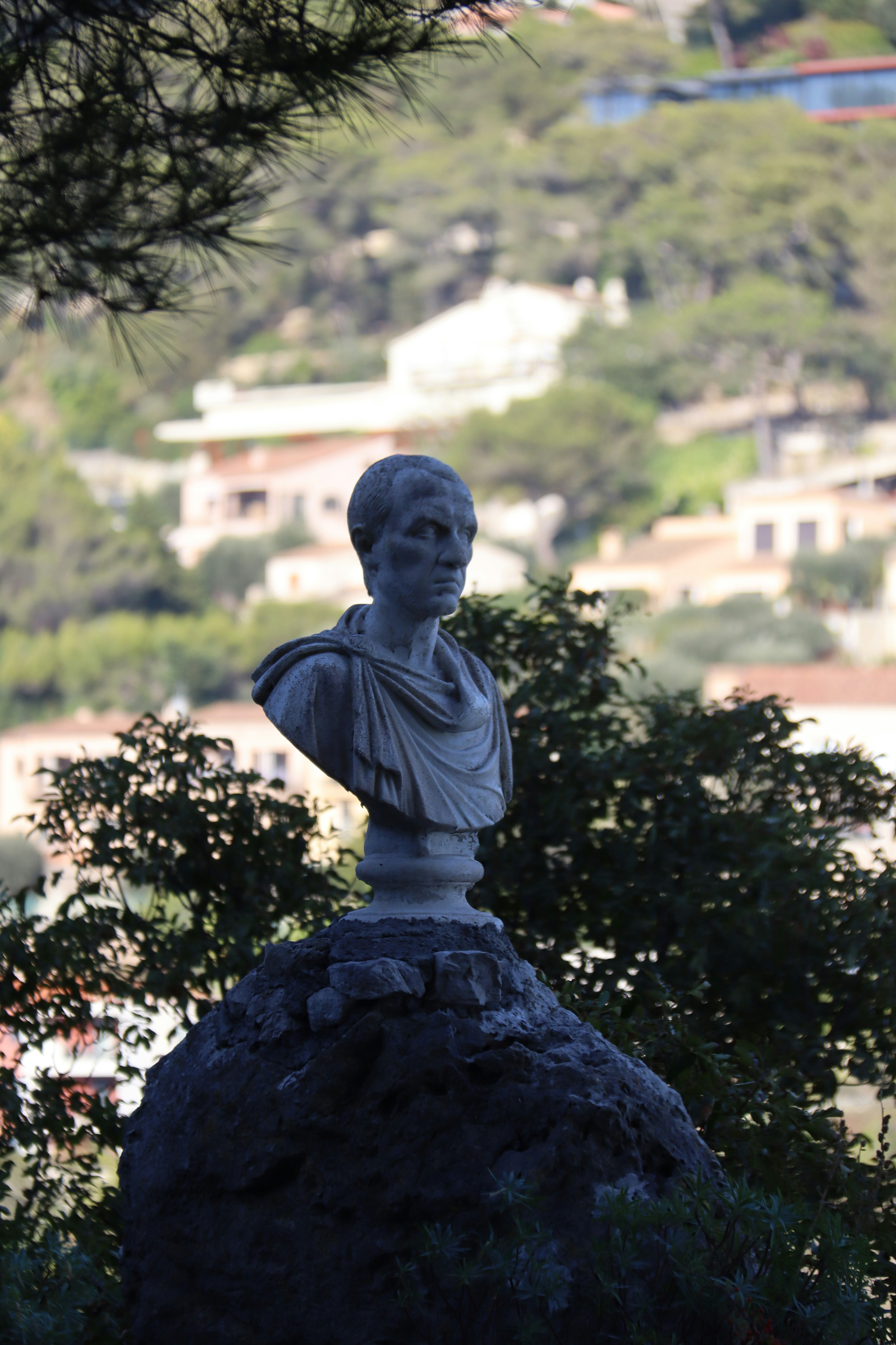 Silent Bust Among Pines: A Classical Figure Overlooking a Quiet Village