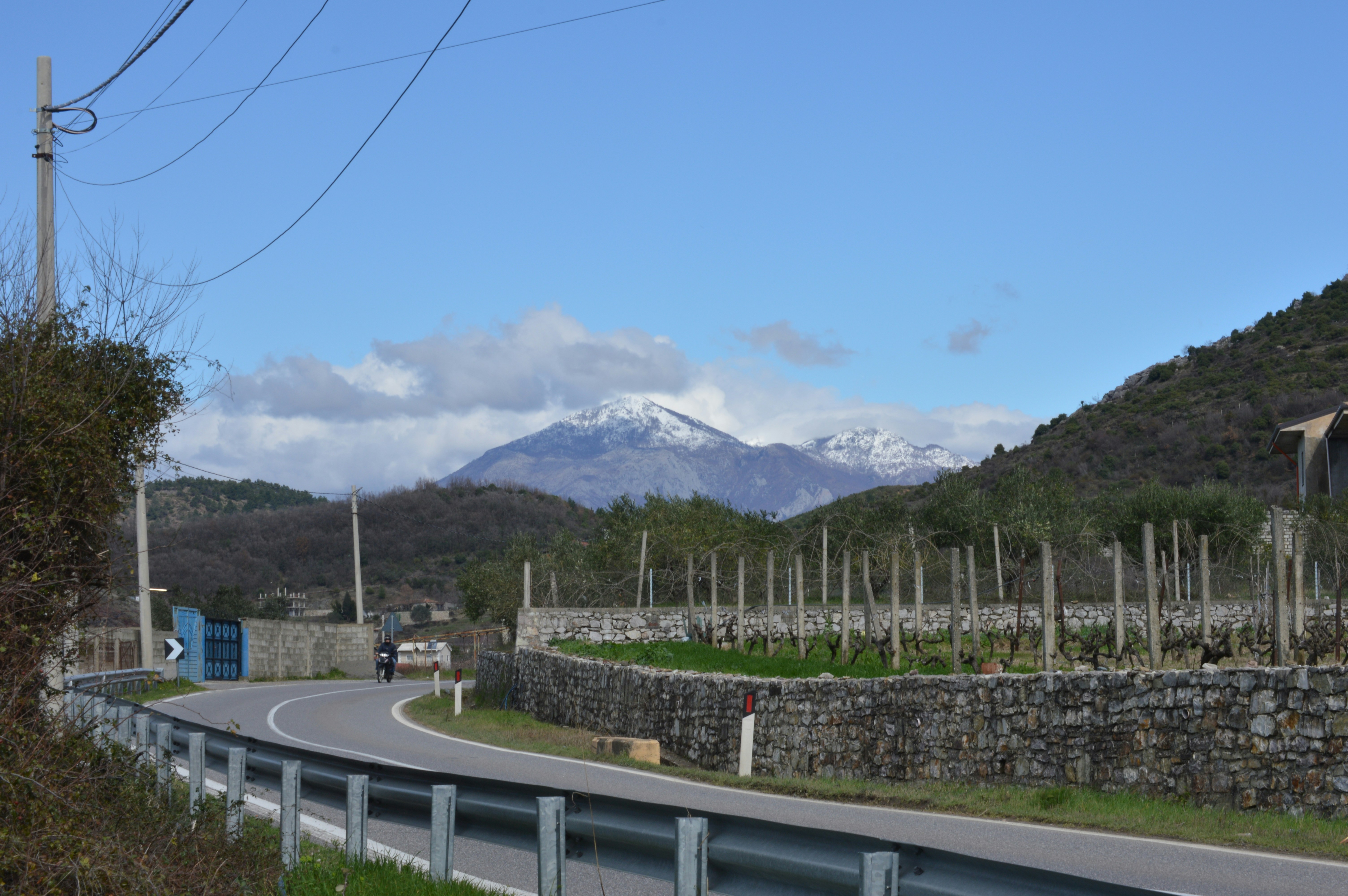 Curved Roadway Toward Snowy Peaks