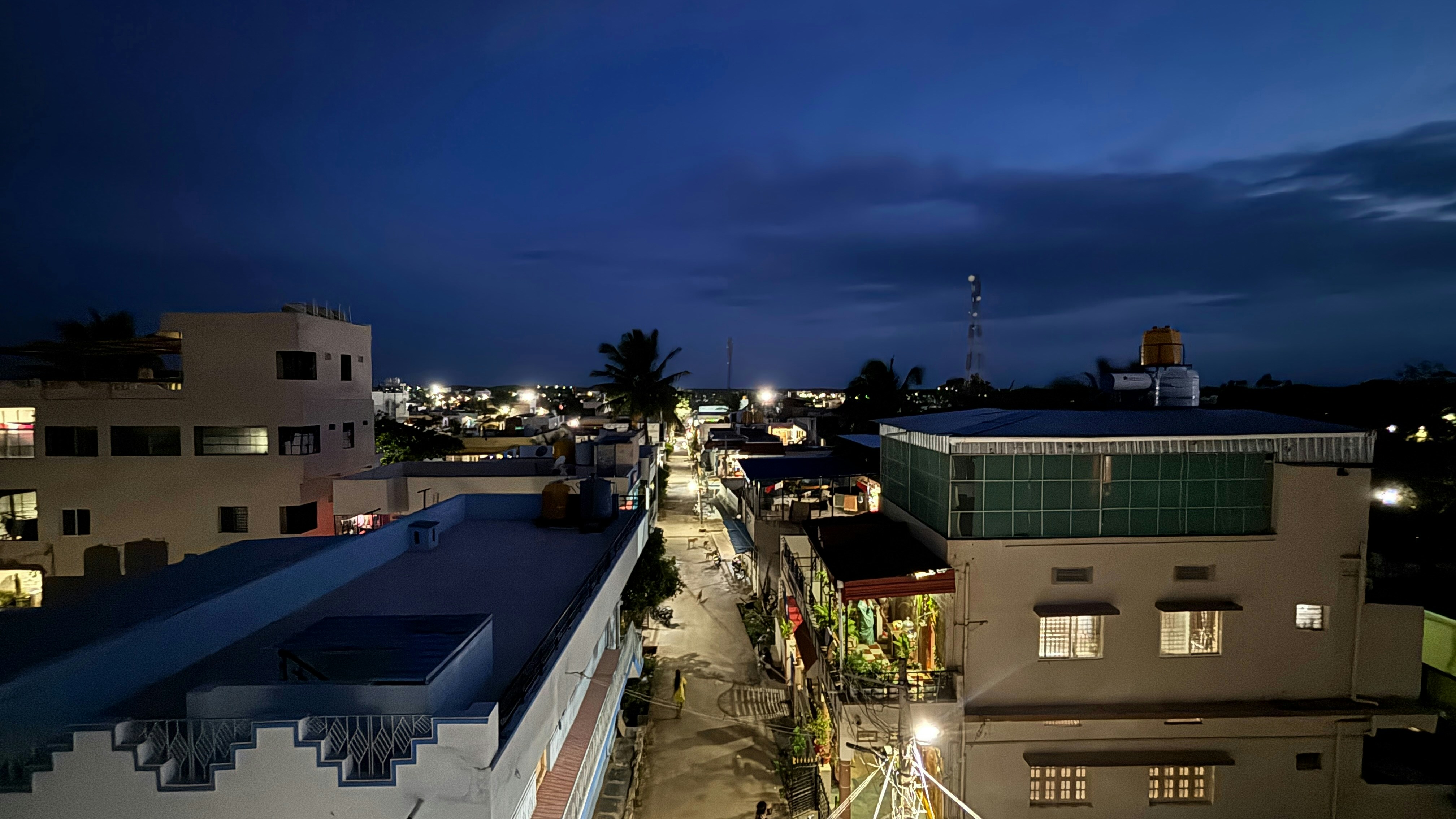 Evening Streetlight Symphony Over a Quiet Coastal Town