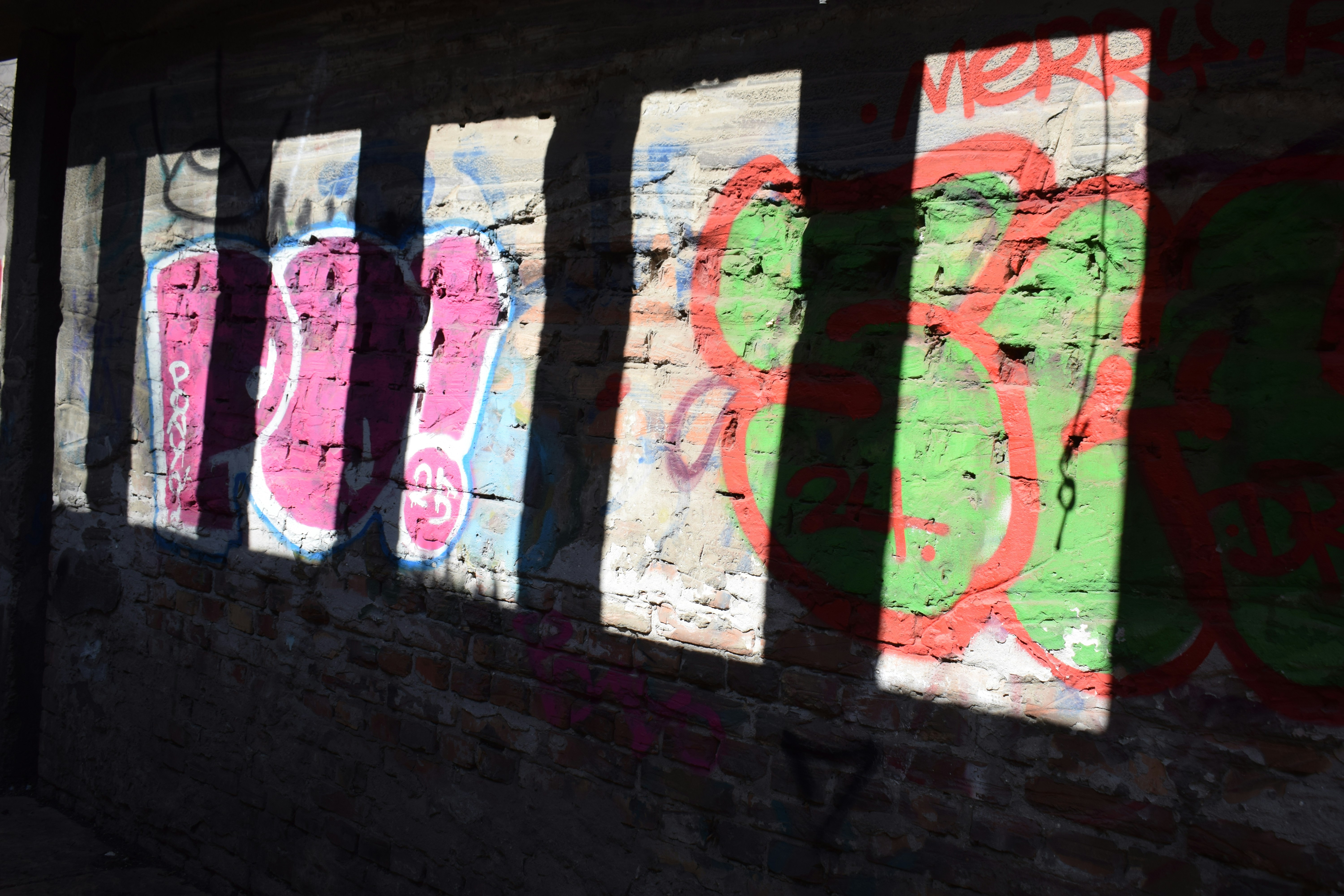 Graffiti Wall in a Narrow Tunnel Cast by Afternoon Sun