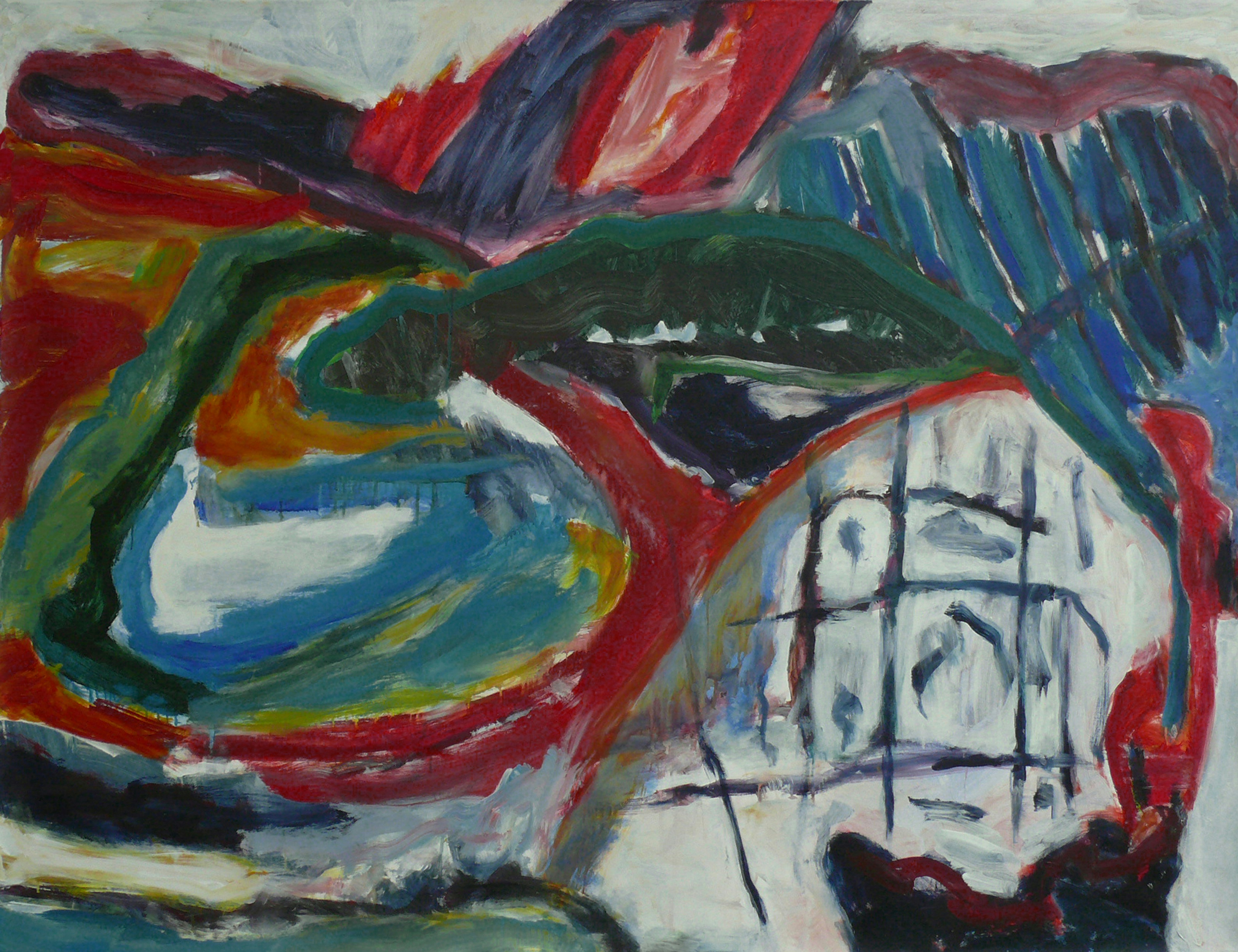 A large abstract wallpaper on canvas which I painted together with my painter-friend Ben Vollers in the old roman church Saint-Lazare in Avallon in France, May 2009. We titled this work after the painting-together 'Water cathedrale'. Free art image.