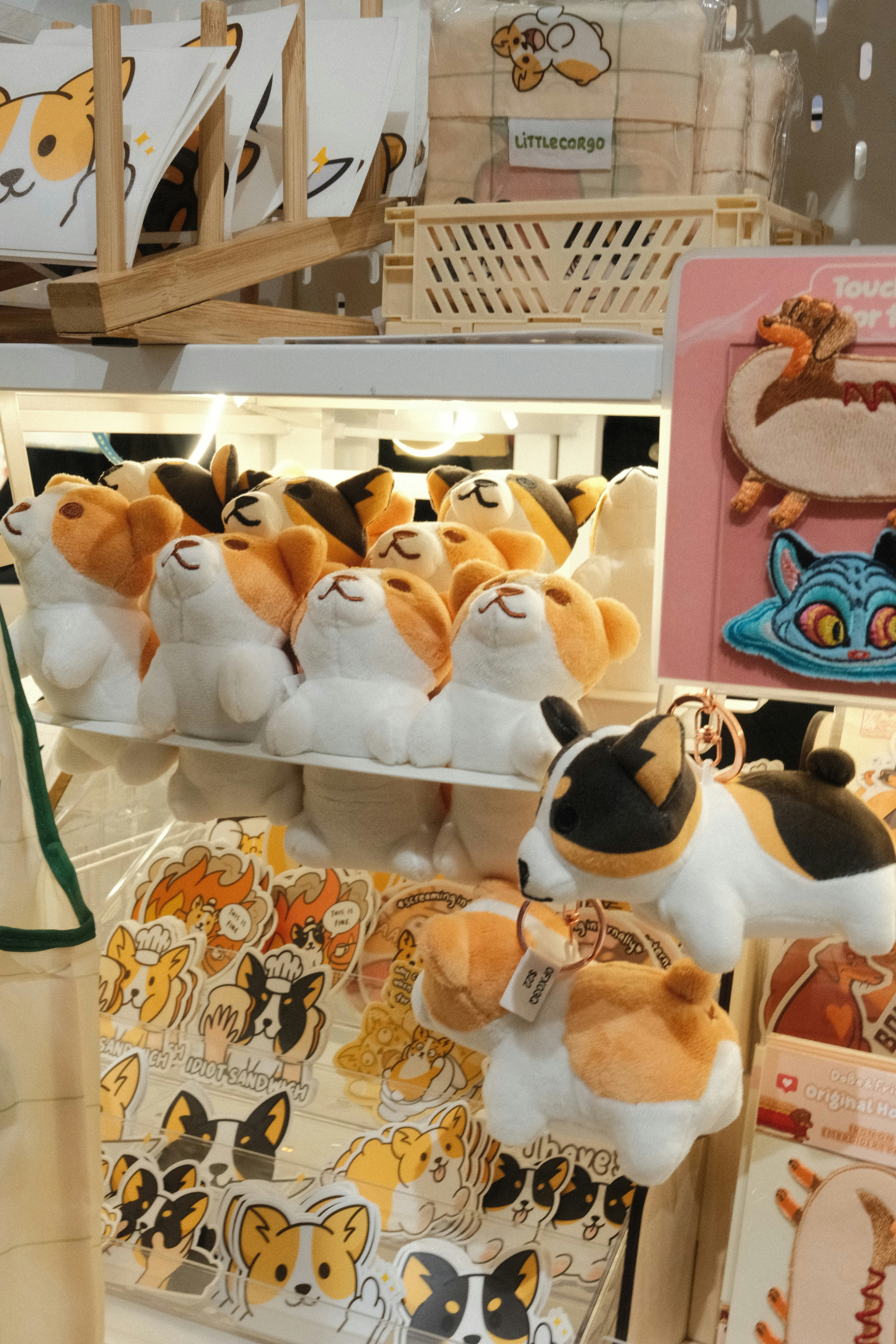 Row of Cuddly Corgi Plushies in a Colorful Toy Shop Display