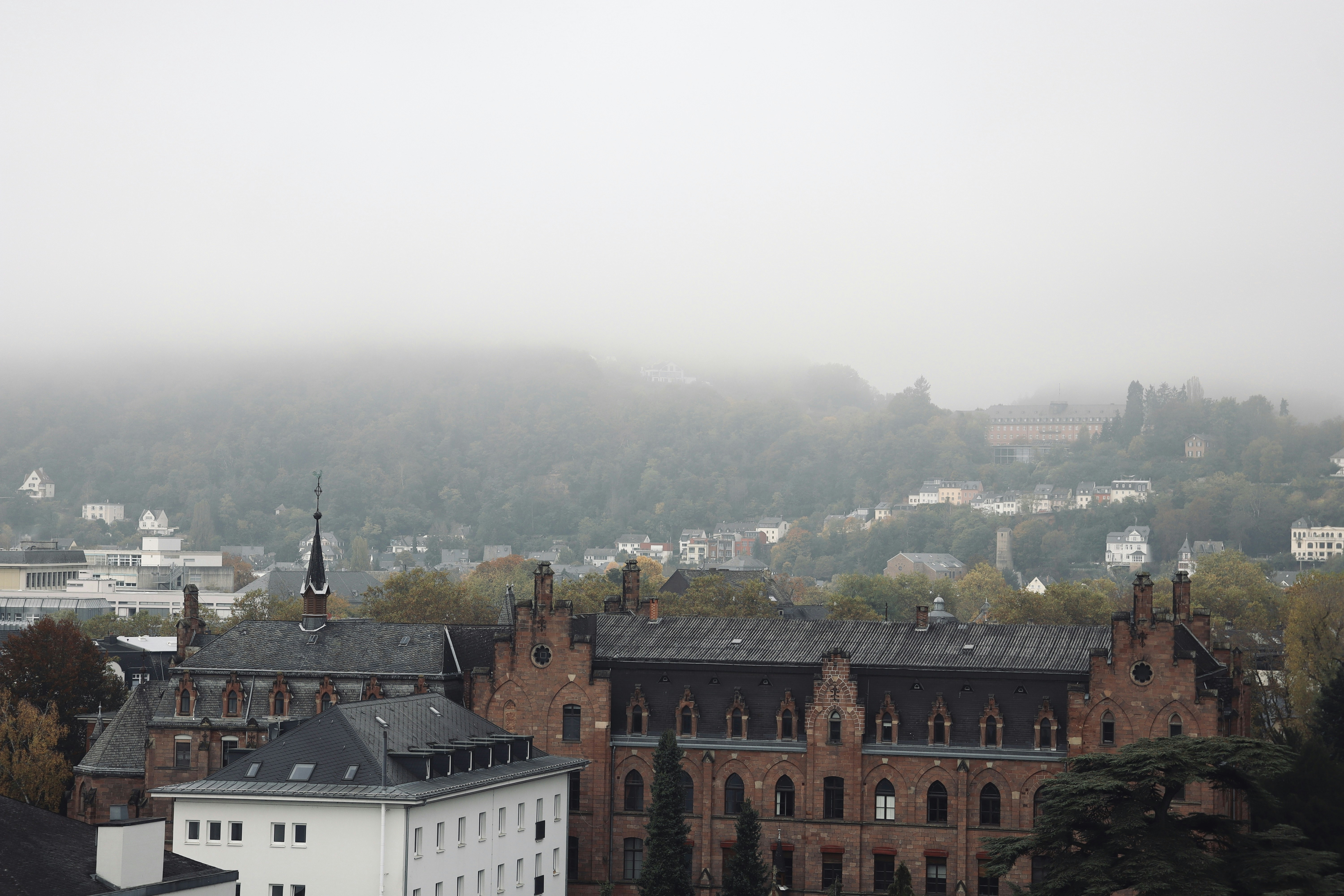Misty Rooftops and Aged Brickwork Under a Hazy Crest