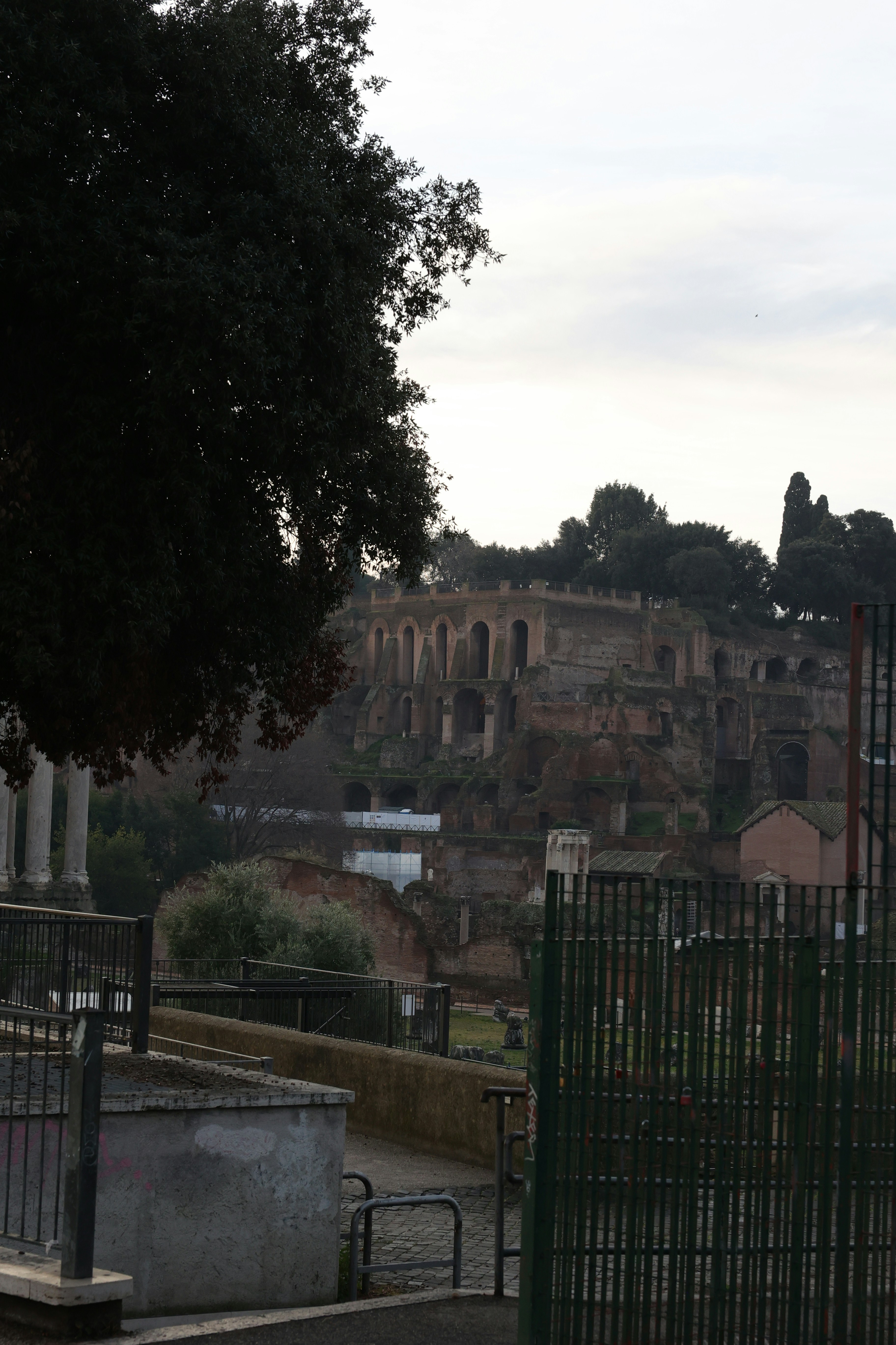 Ancient Ruins Framed by a Silent Park