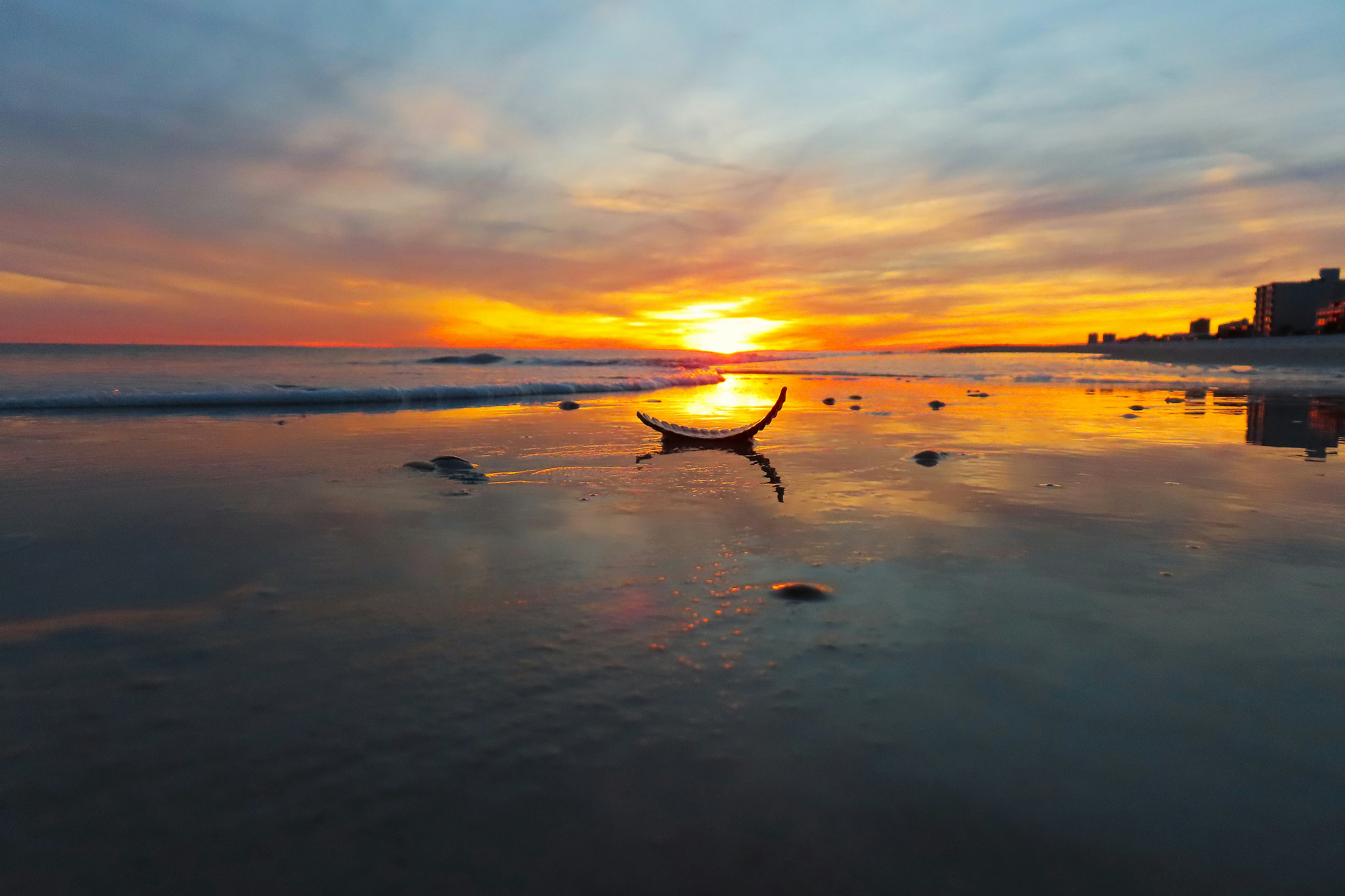 Sunlit Shoreline with Bending Boat at Golden Hour