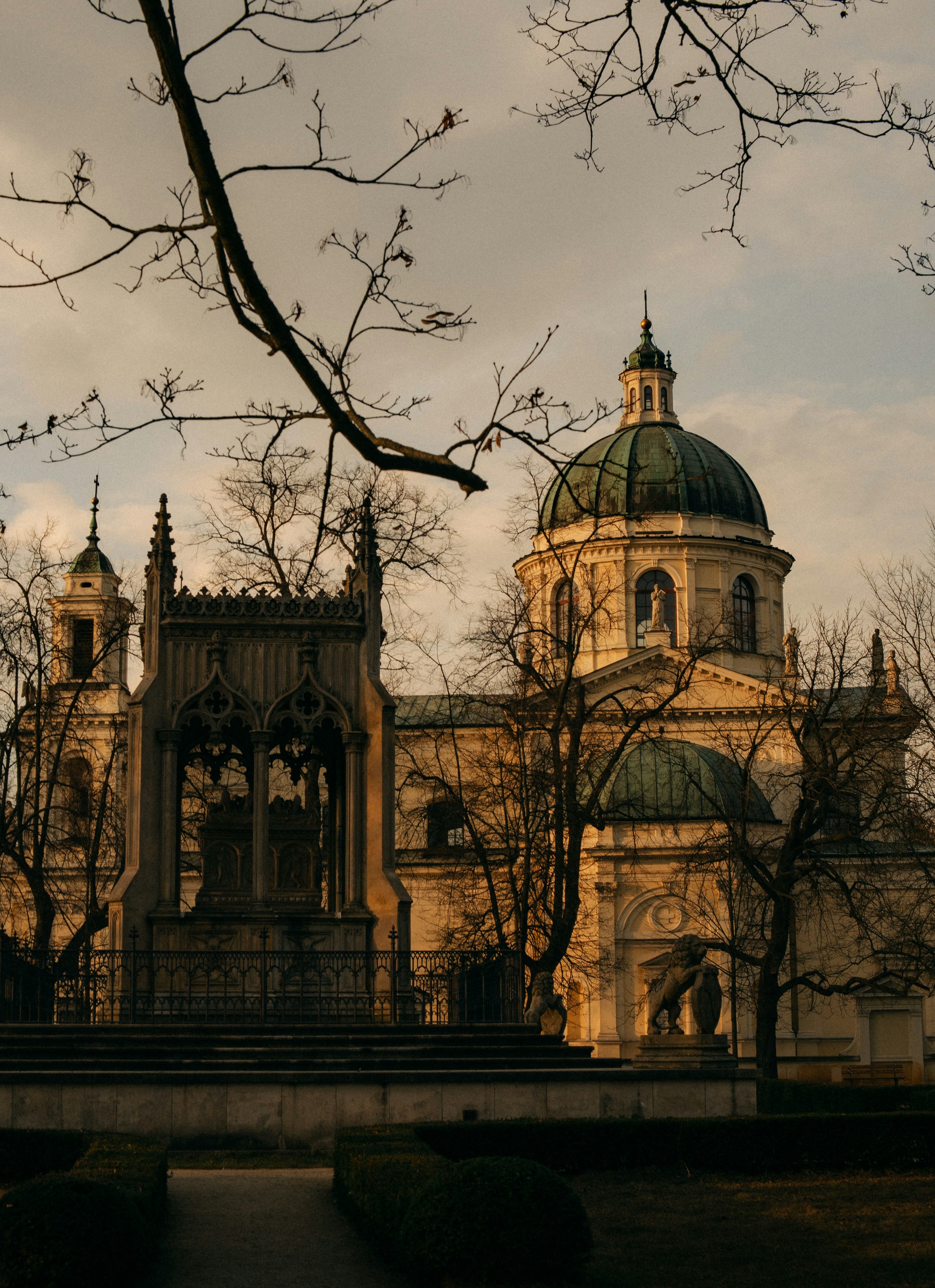 Dome and Gable: Sunlit Cathedral in Winter Twilight