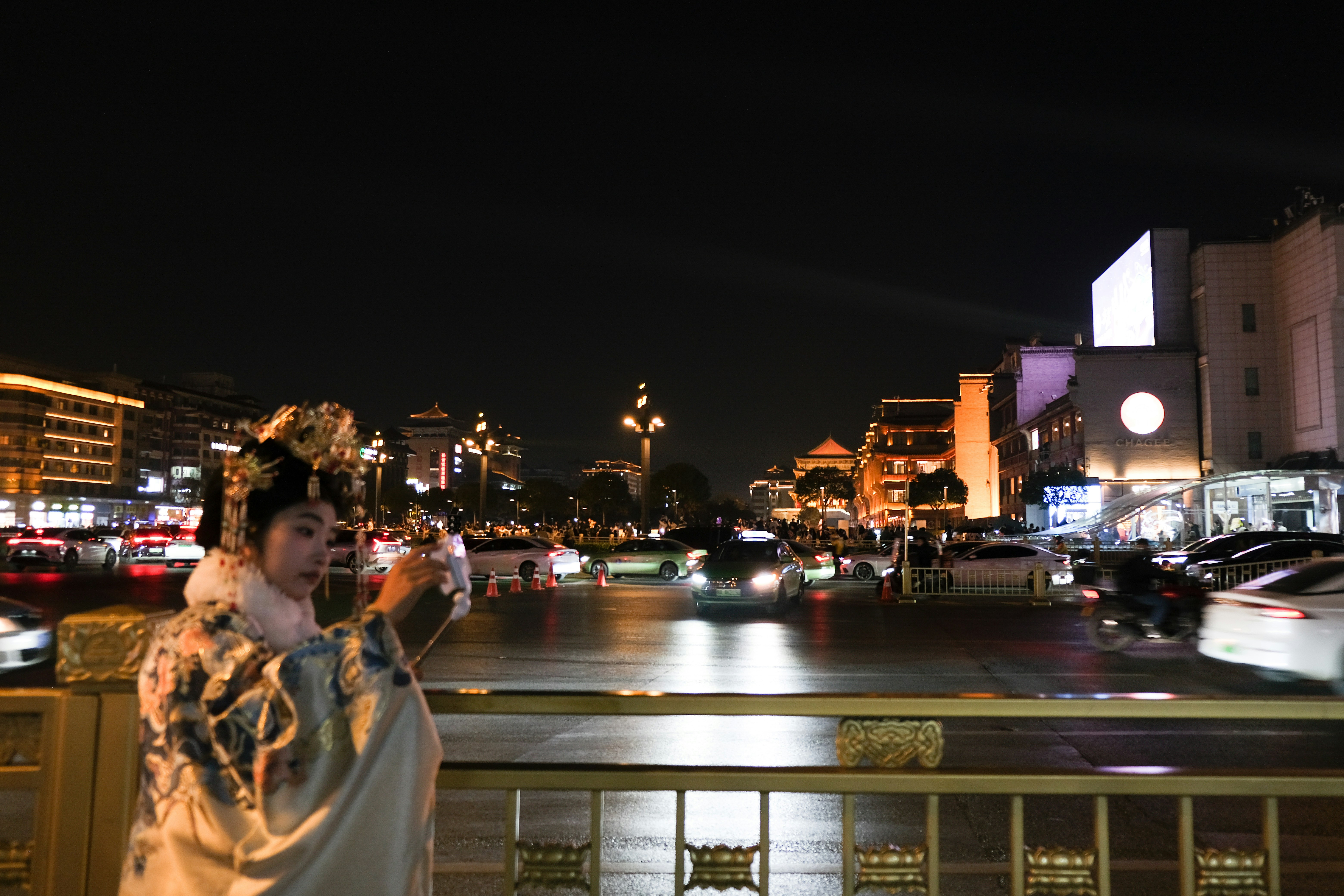 Moonlit Coiffure: A Geisha Glance Over Neon Streets