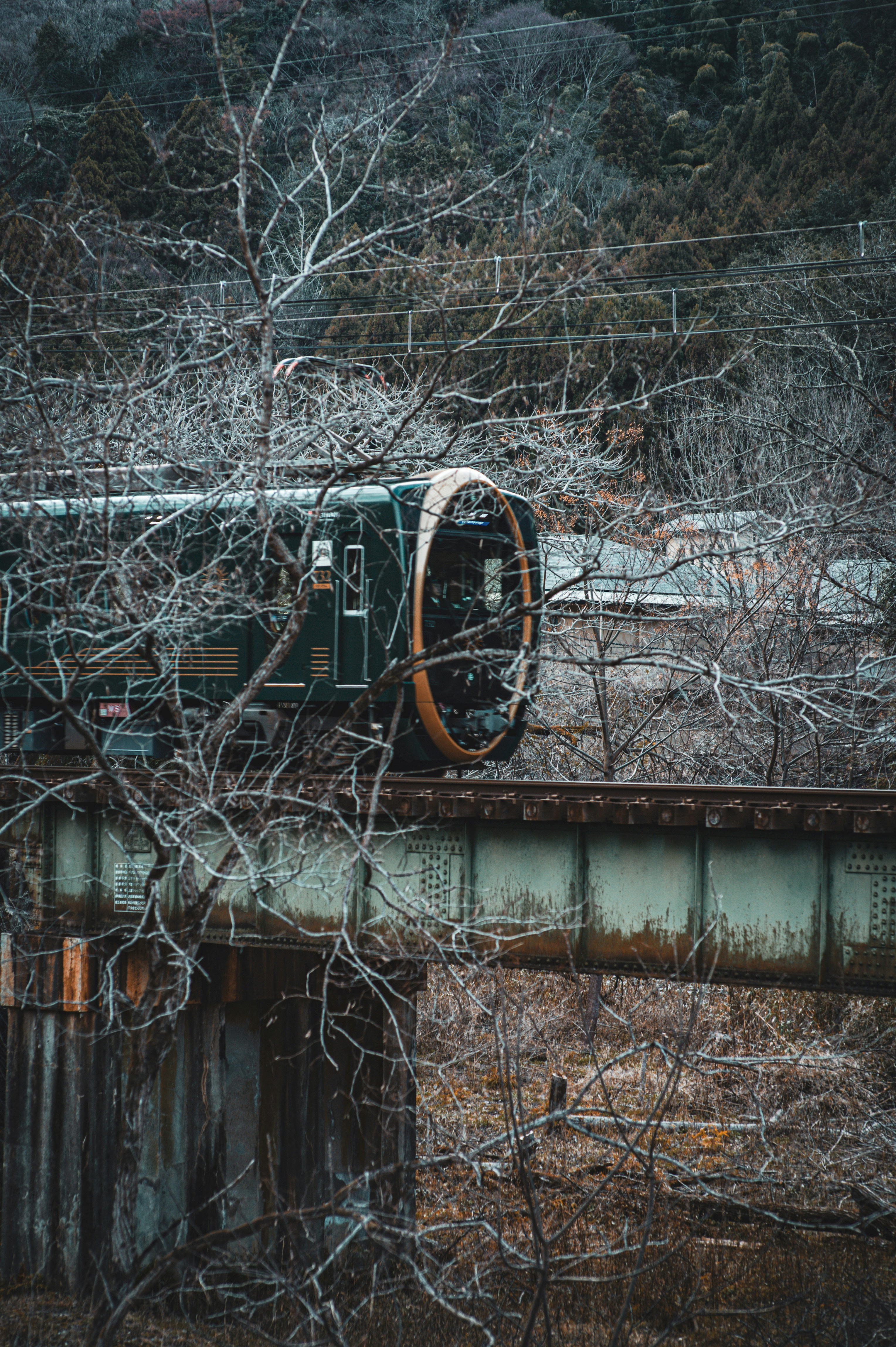Static Inertia: A Weathered Railcar Halts Above the Creek