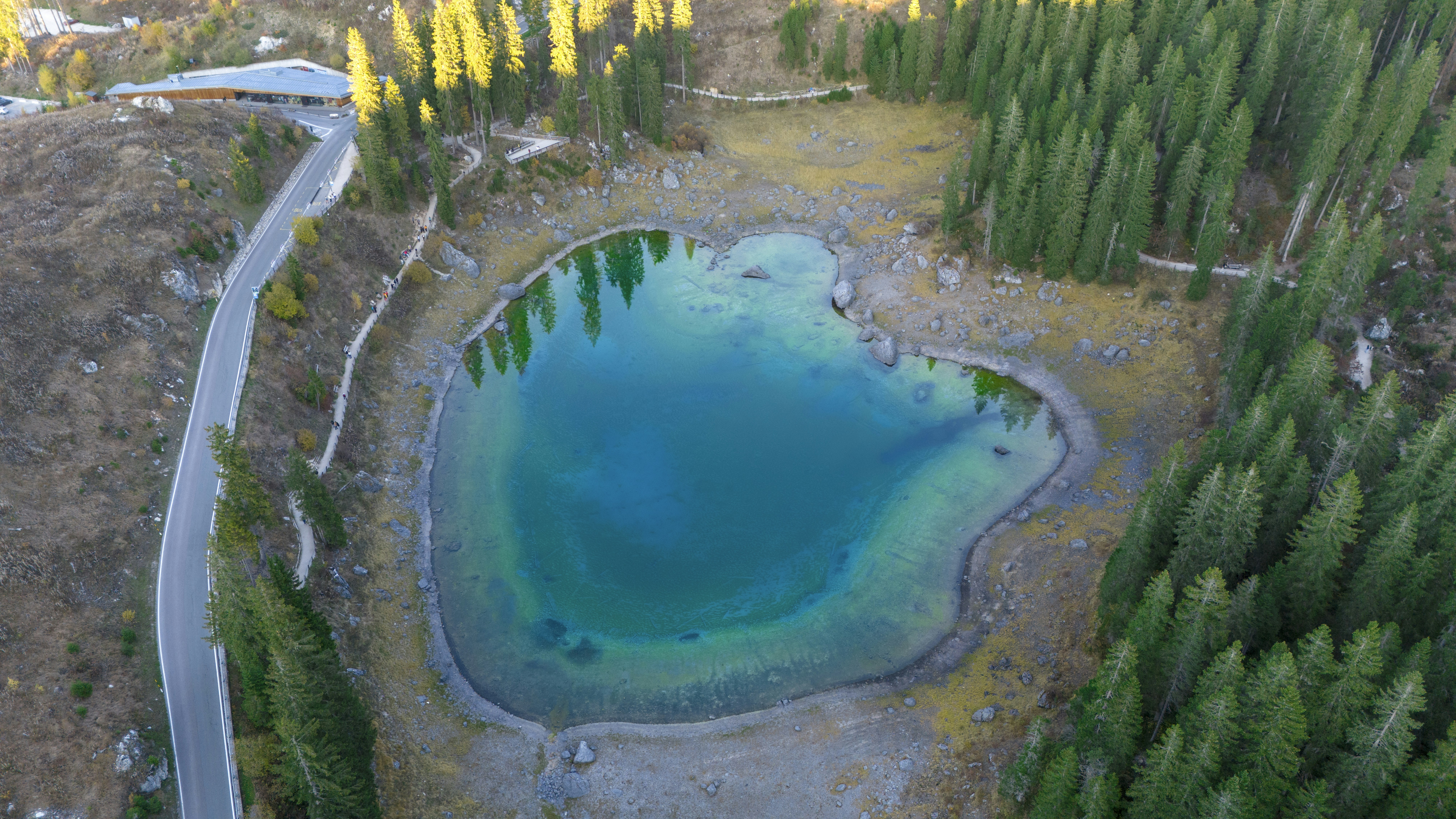 Emerald Basin: Aerial View of a Turquoise Lake Surrounded by Conifer Forest