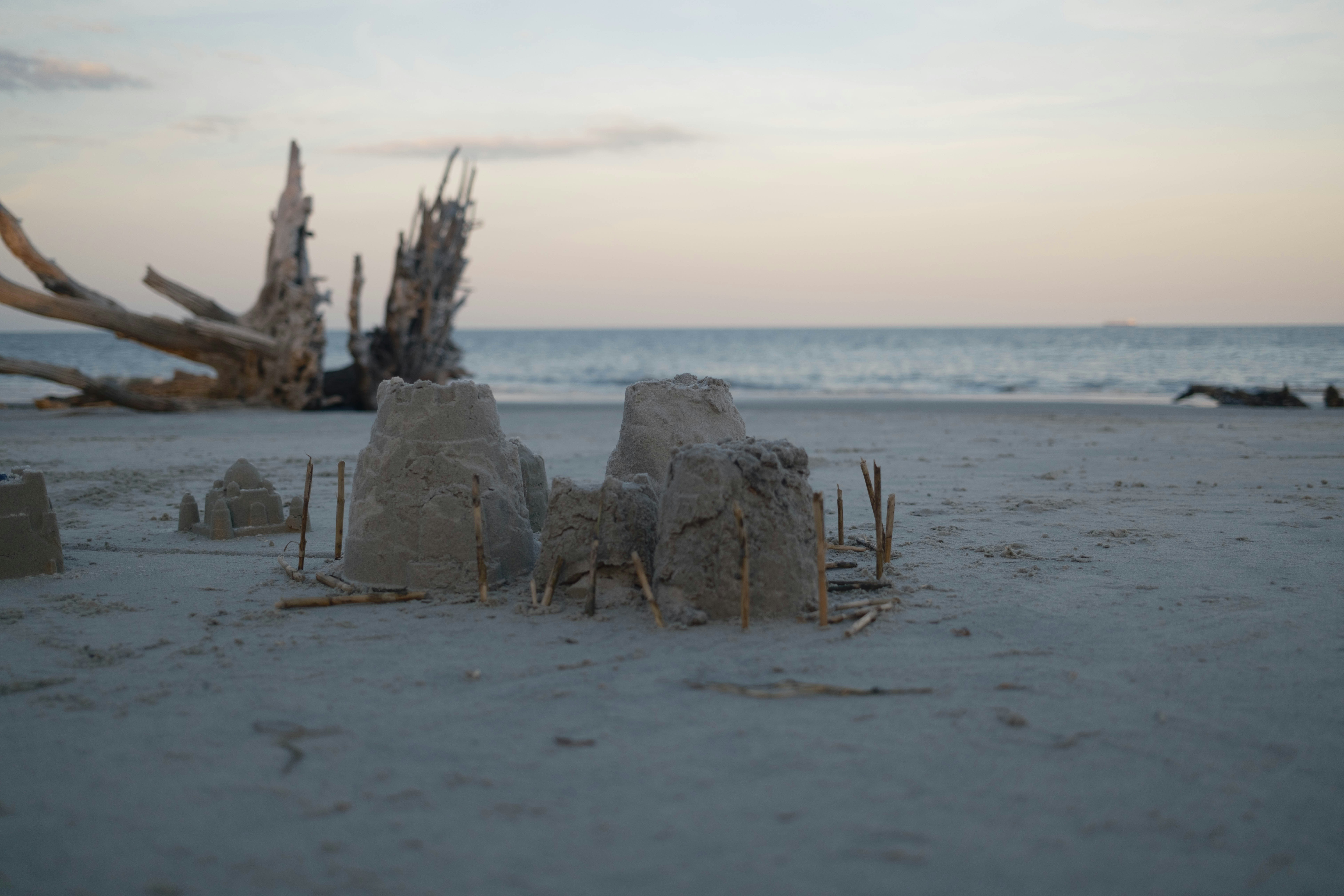 Castles of Sand and Driftwood at Dusk