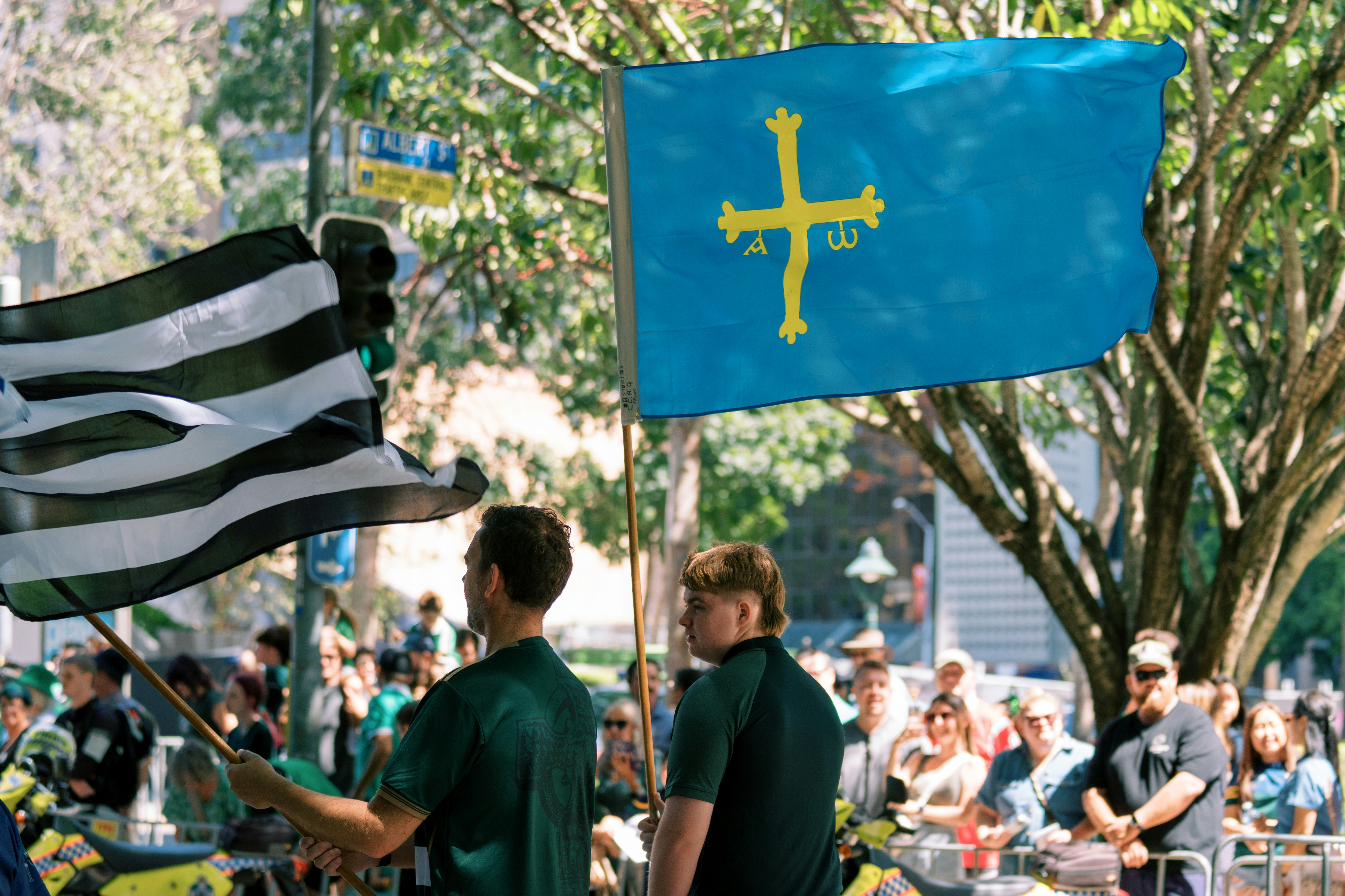 Blue Flag with Cross Banners at a Peaceful Protest