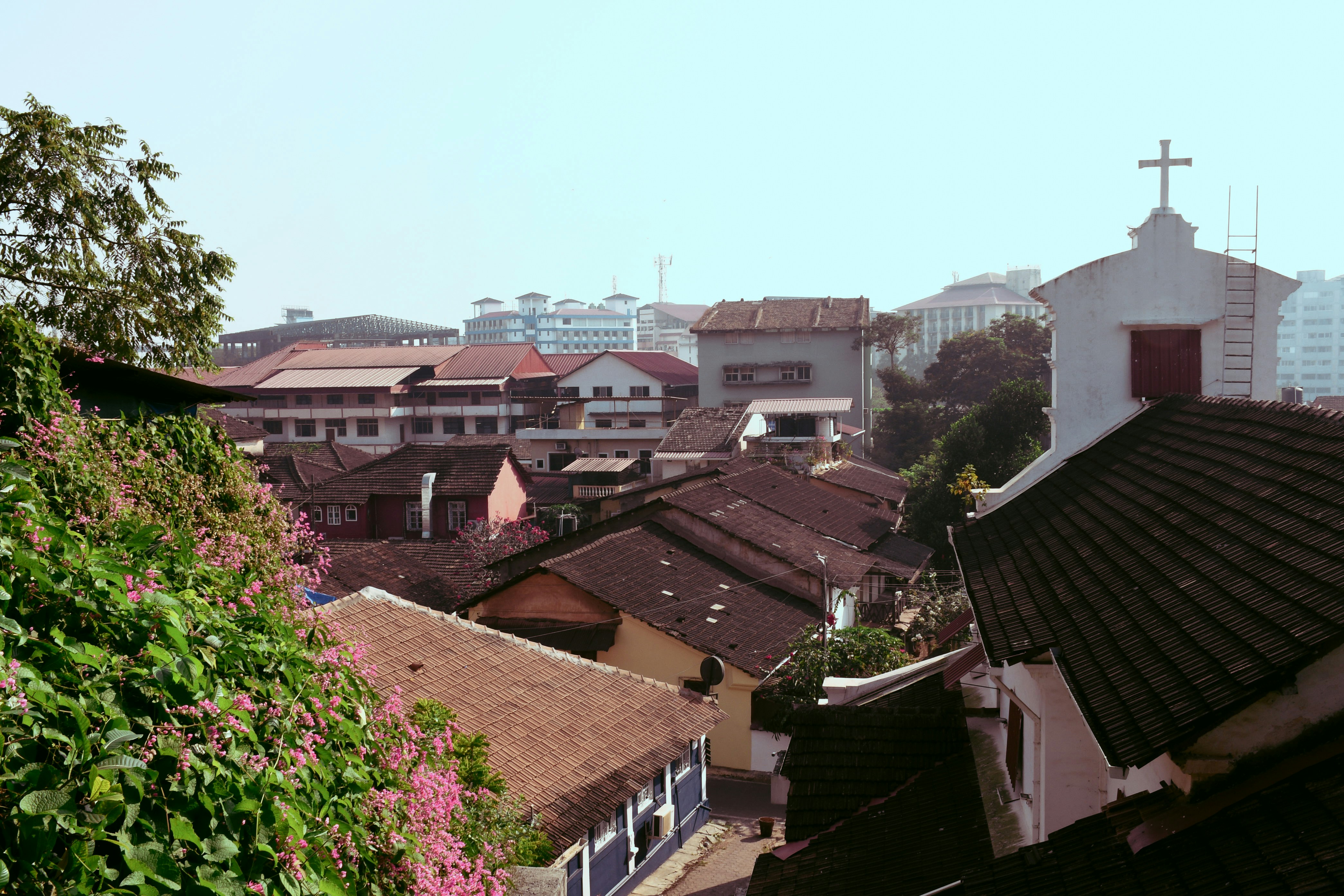 Rooftop mosaic: a hillside village under a pale morning light