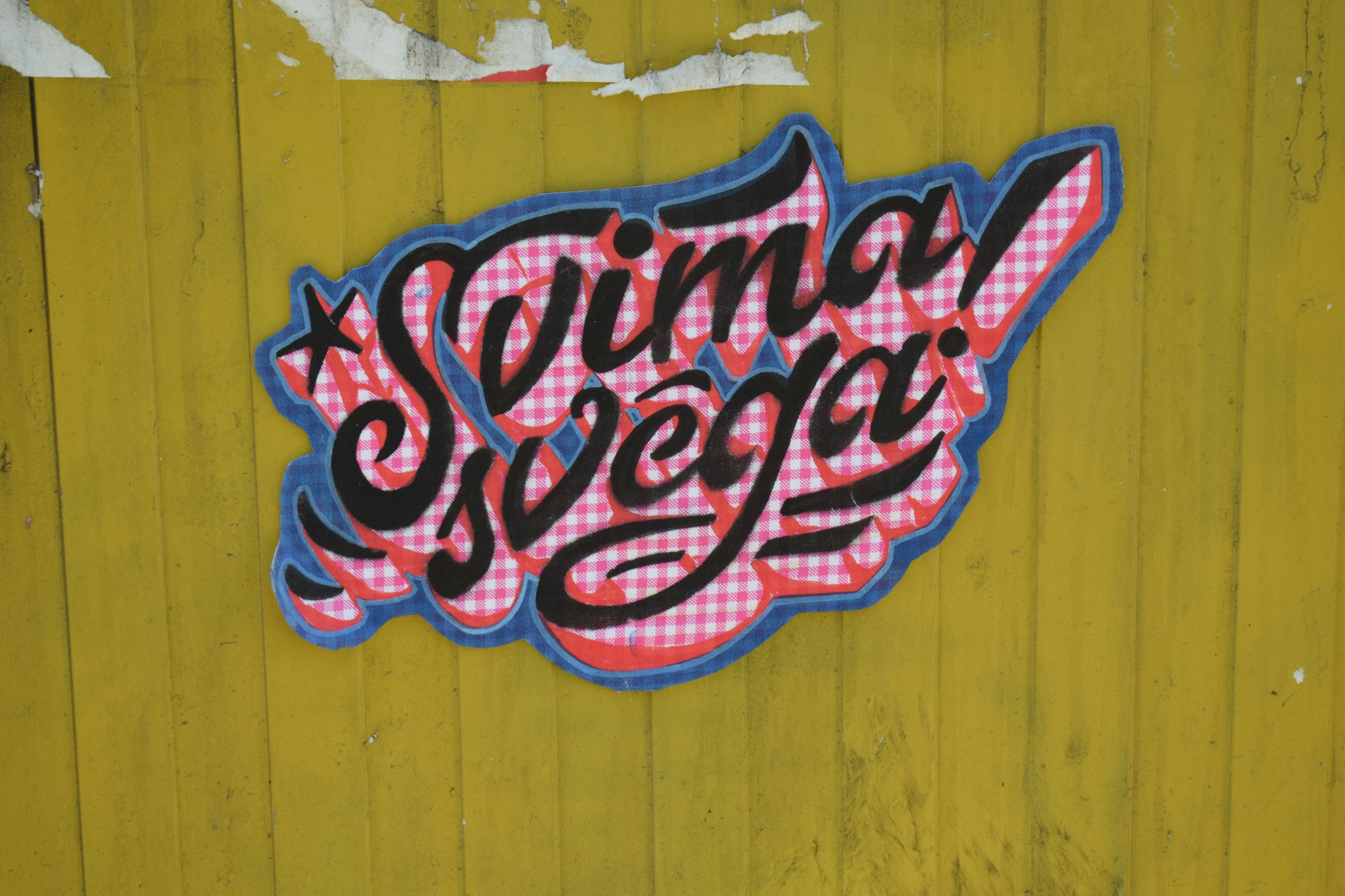 Vibrant Graffiti Script on Sunlit Yellow Planks