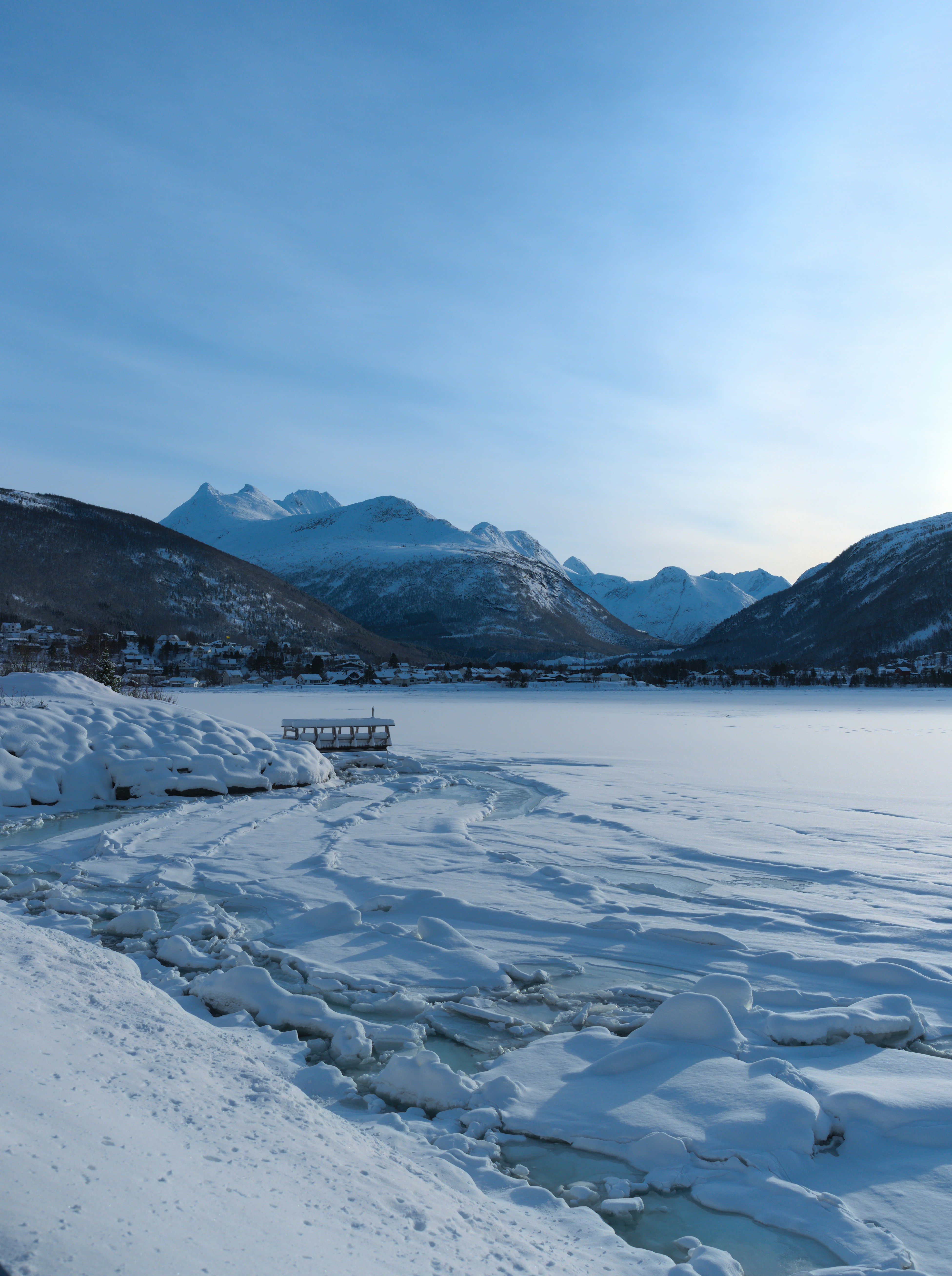 Frozen Fjord at Distant Mountain Twilight