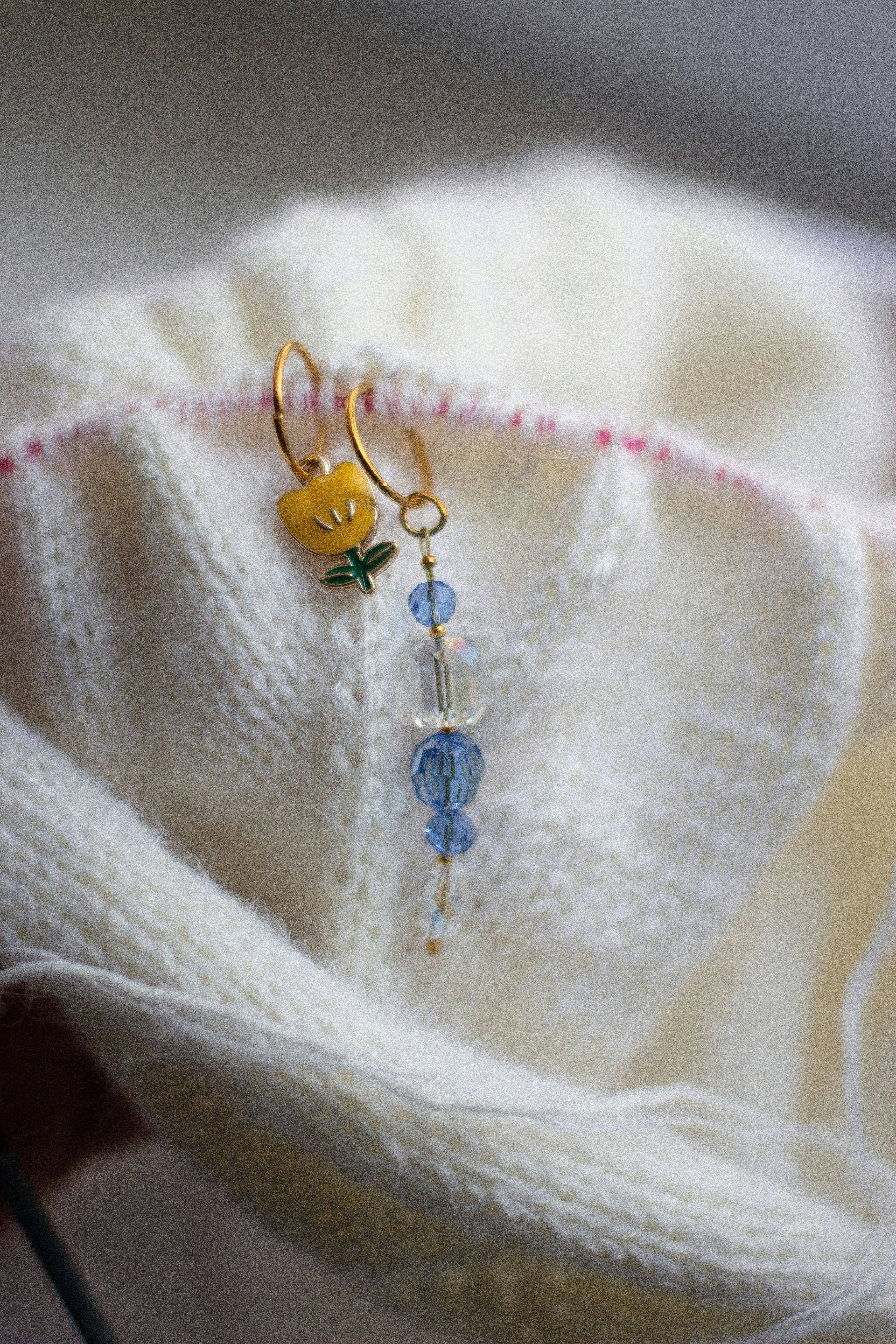 Tender Drops of Light: Blue Beads and Golden Hoop in Soft Knit