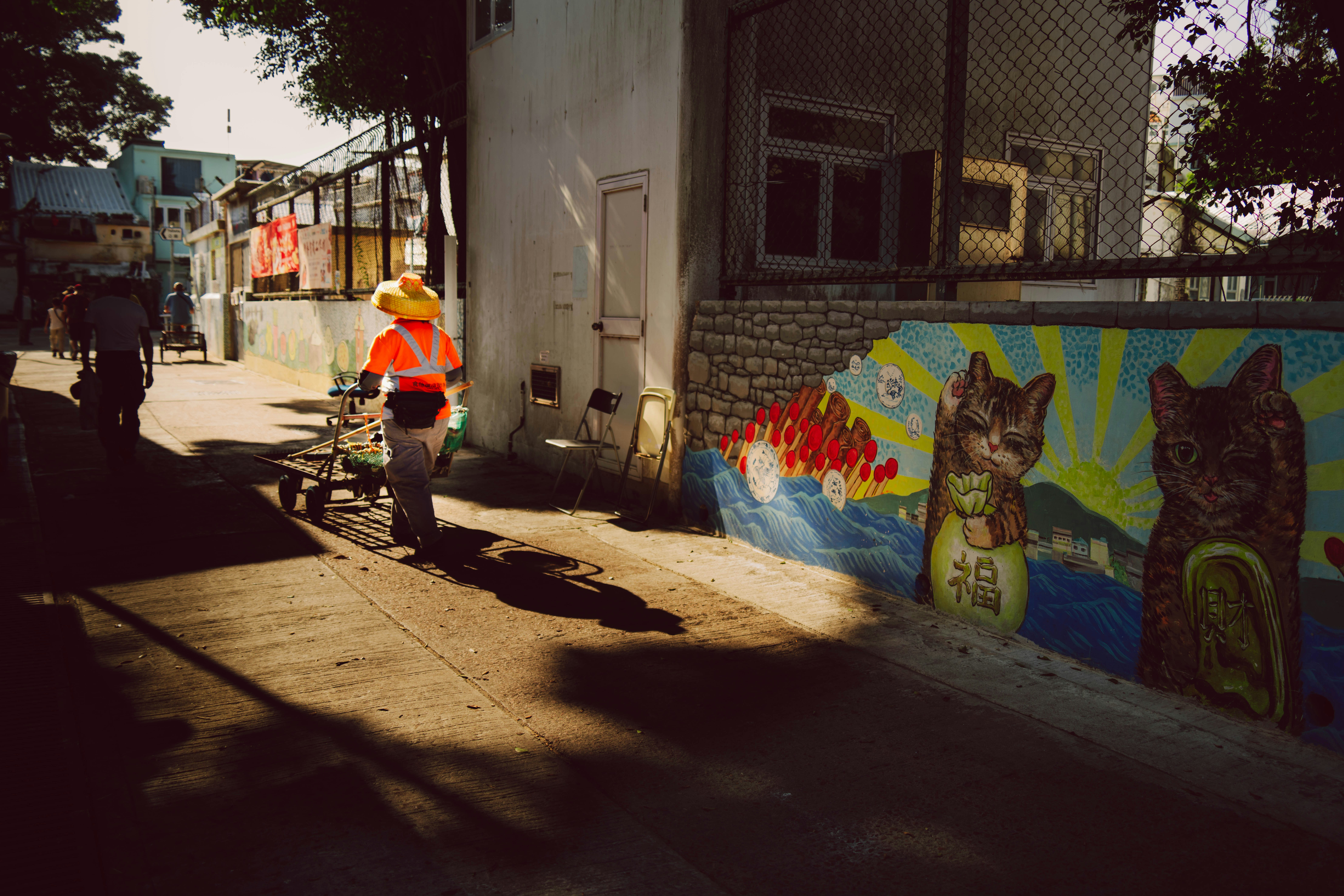 Sunlit Helper: A Worker in a Painted Alley