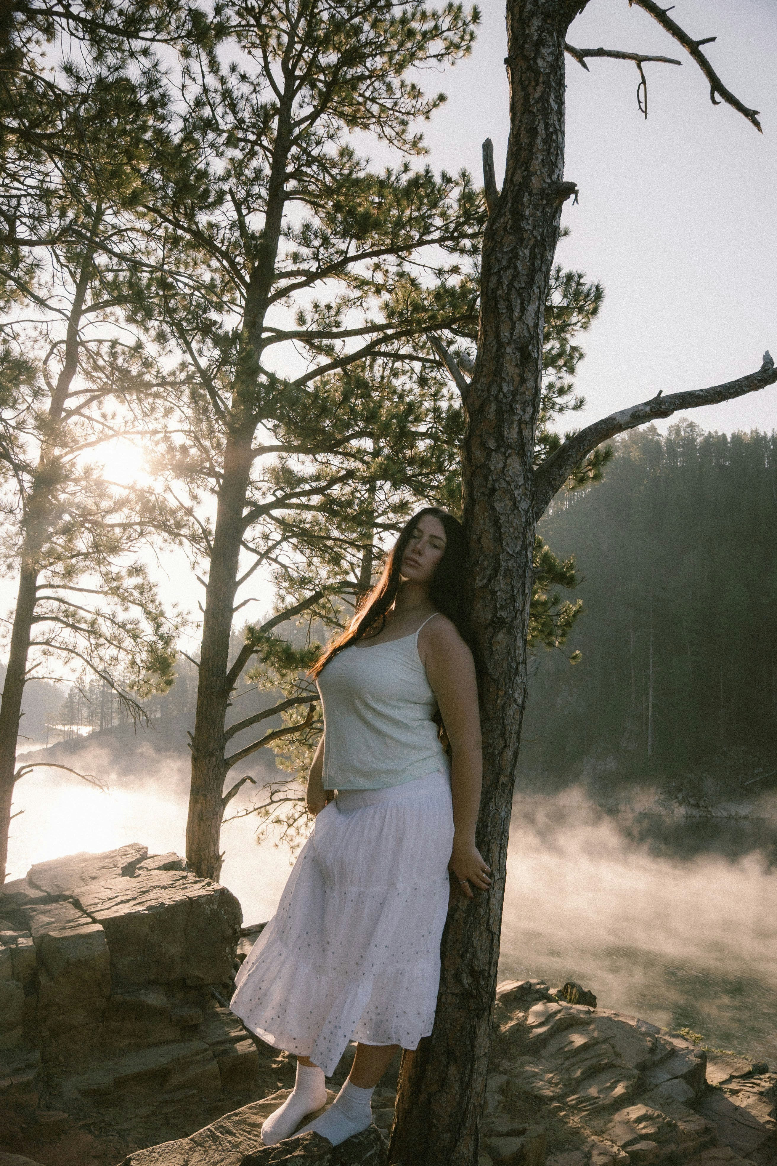 Sunlit Crest: Woman Leaning Against a Tree Above Misty Canyon