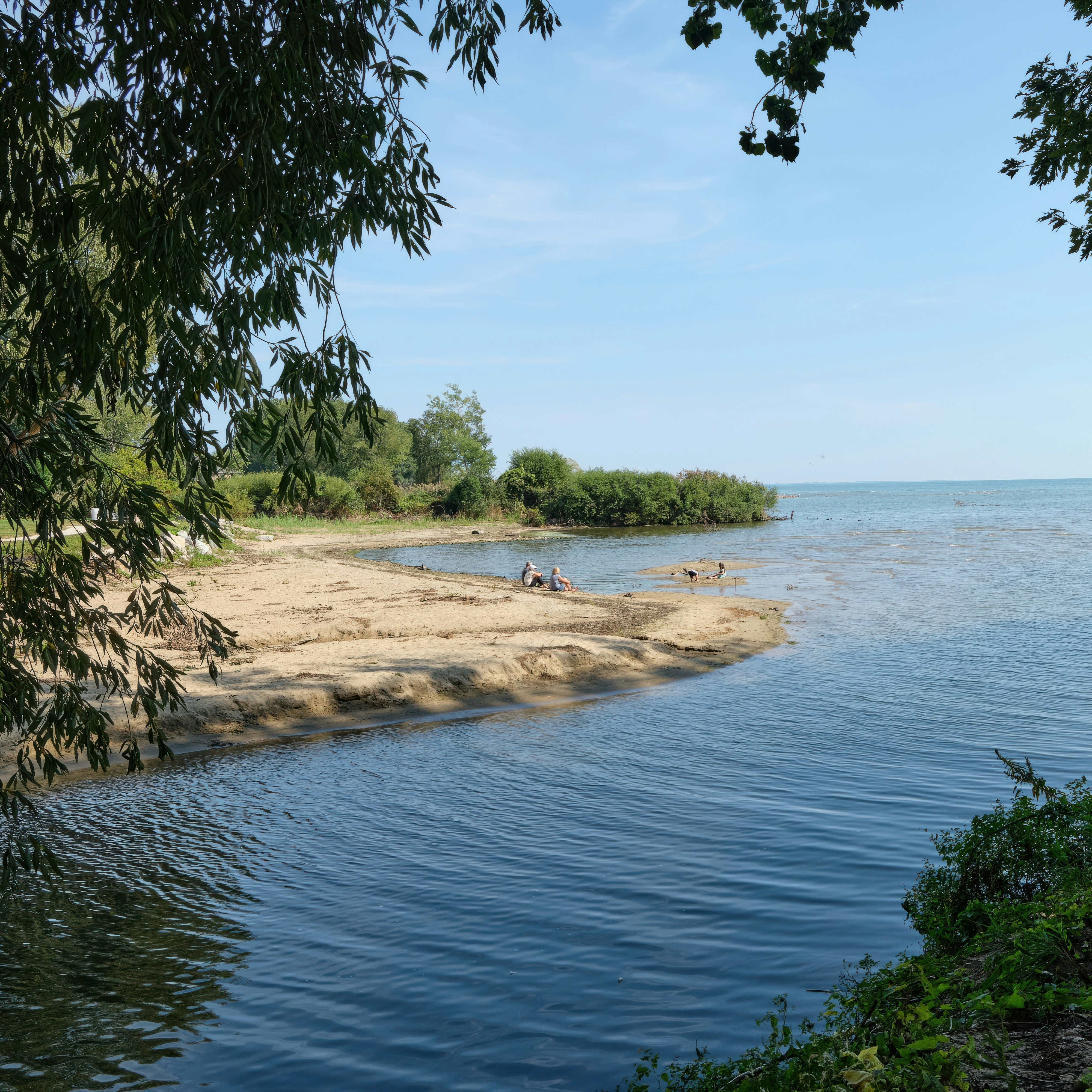 Sunlit Shoreline Oasis: People at the Quiet River Mouth