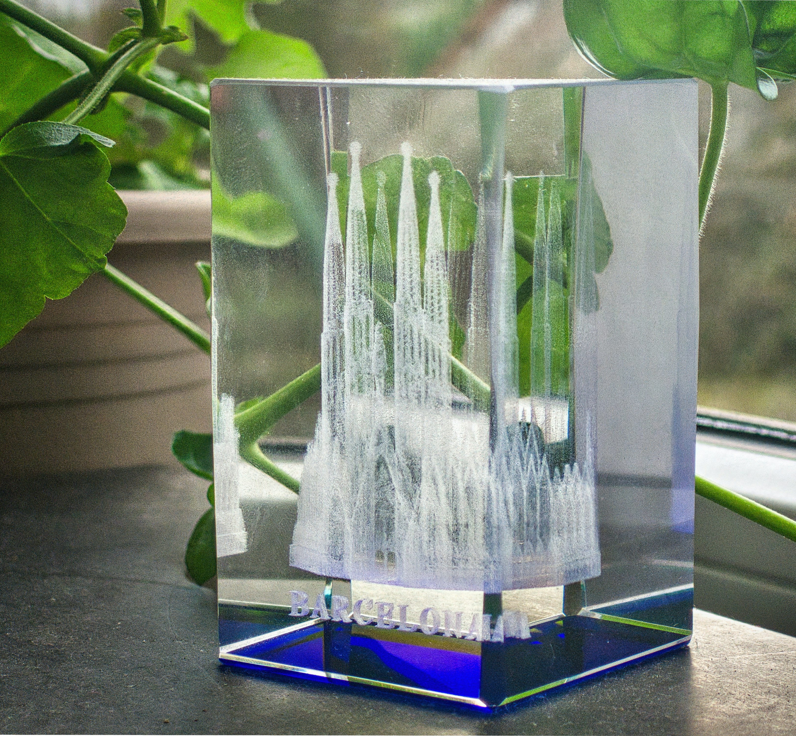 Crystal Prism: A Glass Trophy Illuminated by Greenery and Window Light