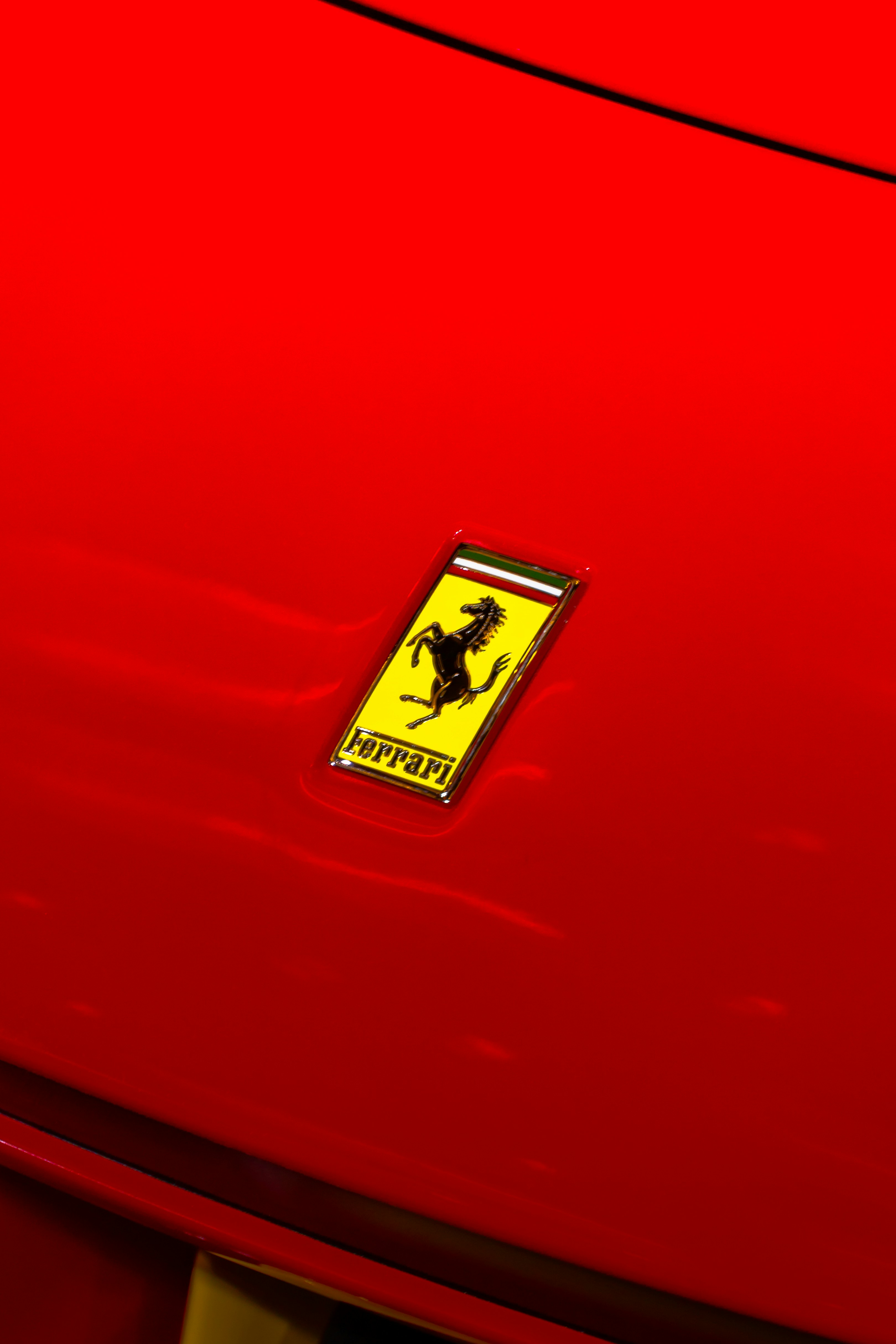 Emblem in Red: The Ferrari Crest on a Glossy Hood