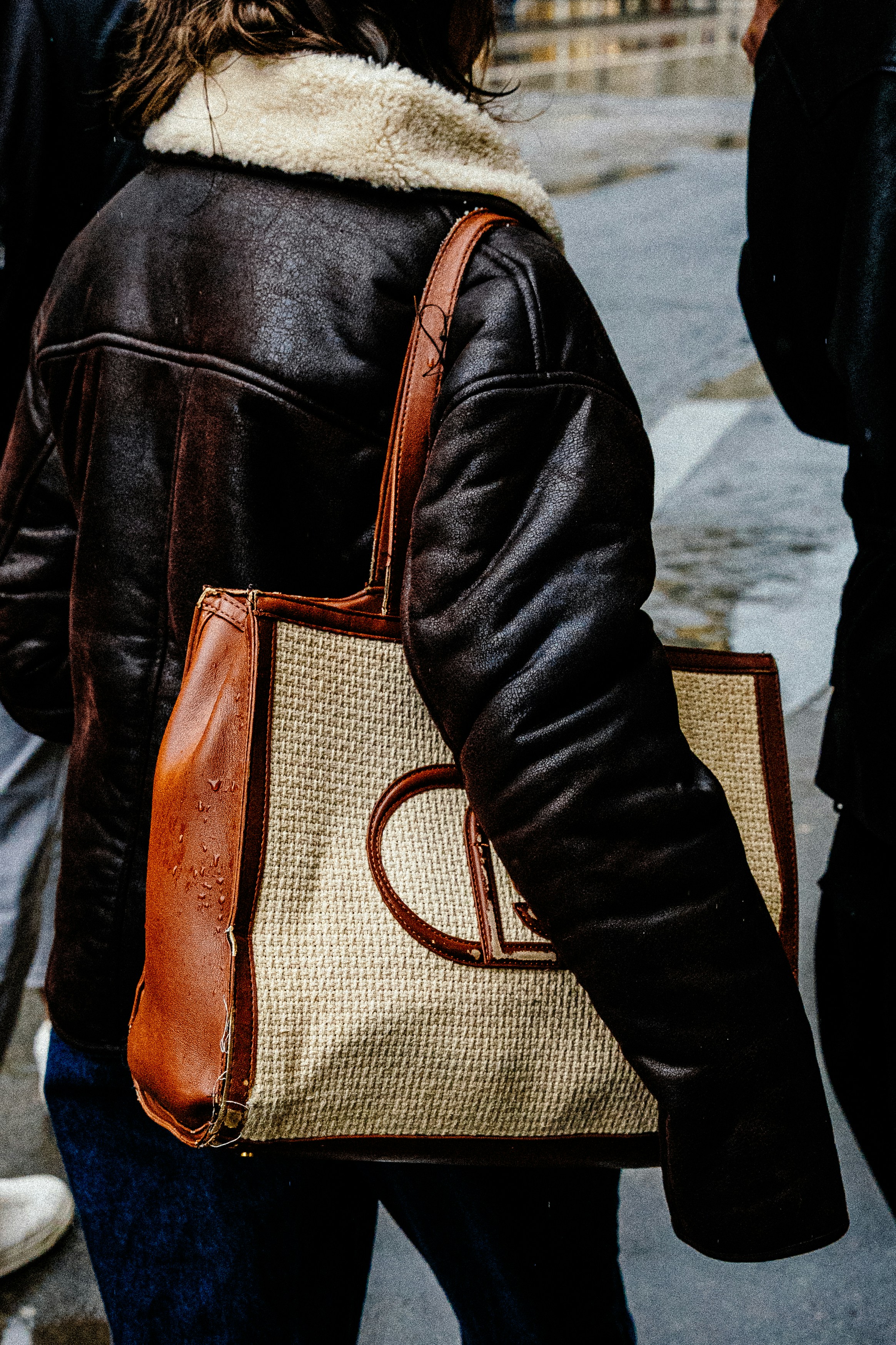 Coated in Leather: A City Moment with a Woven Tote