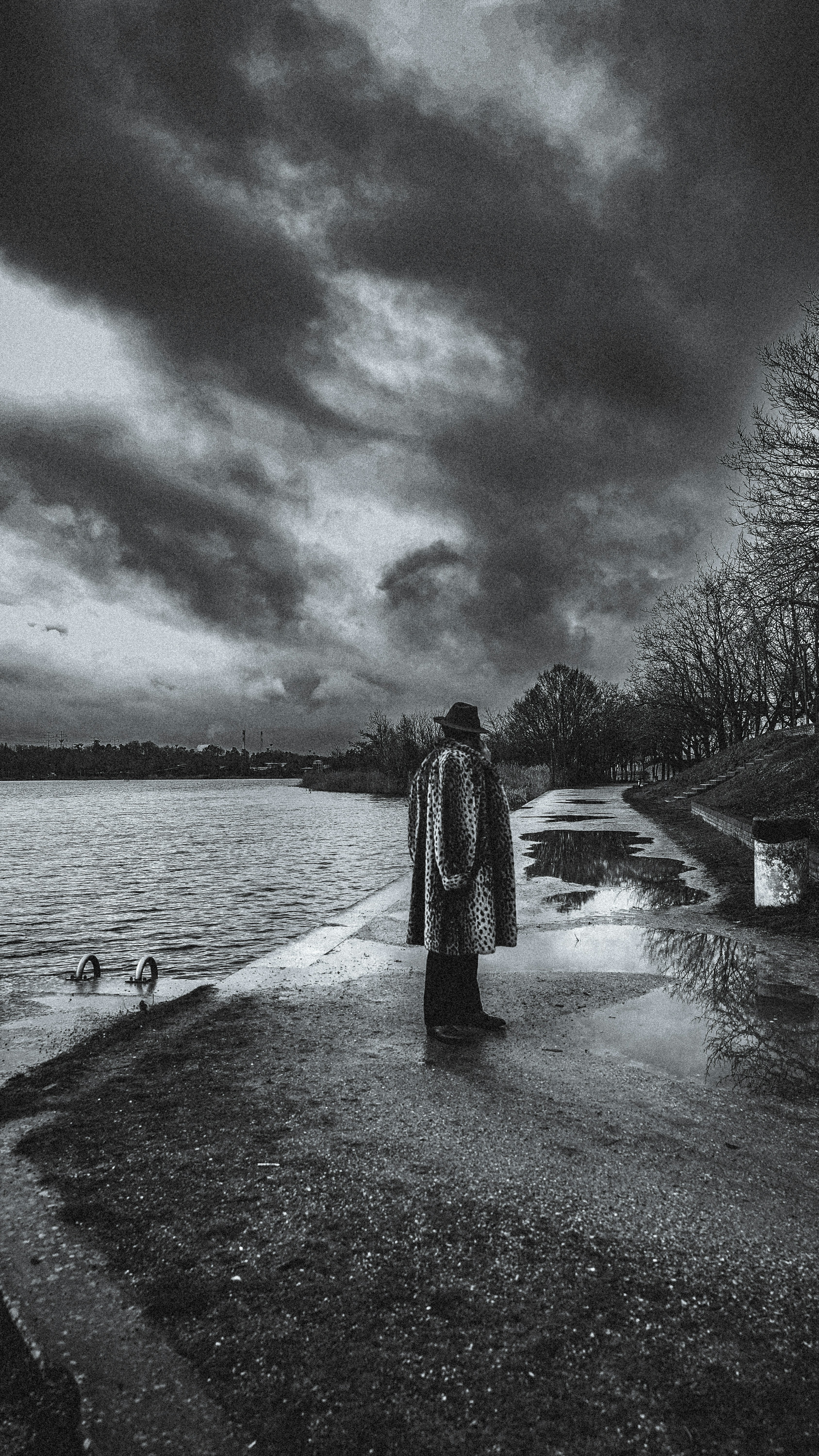 Lonely Watcher on a Rainy Pier