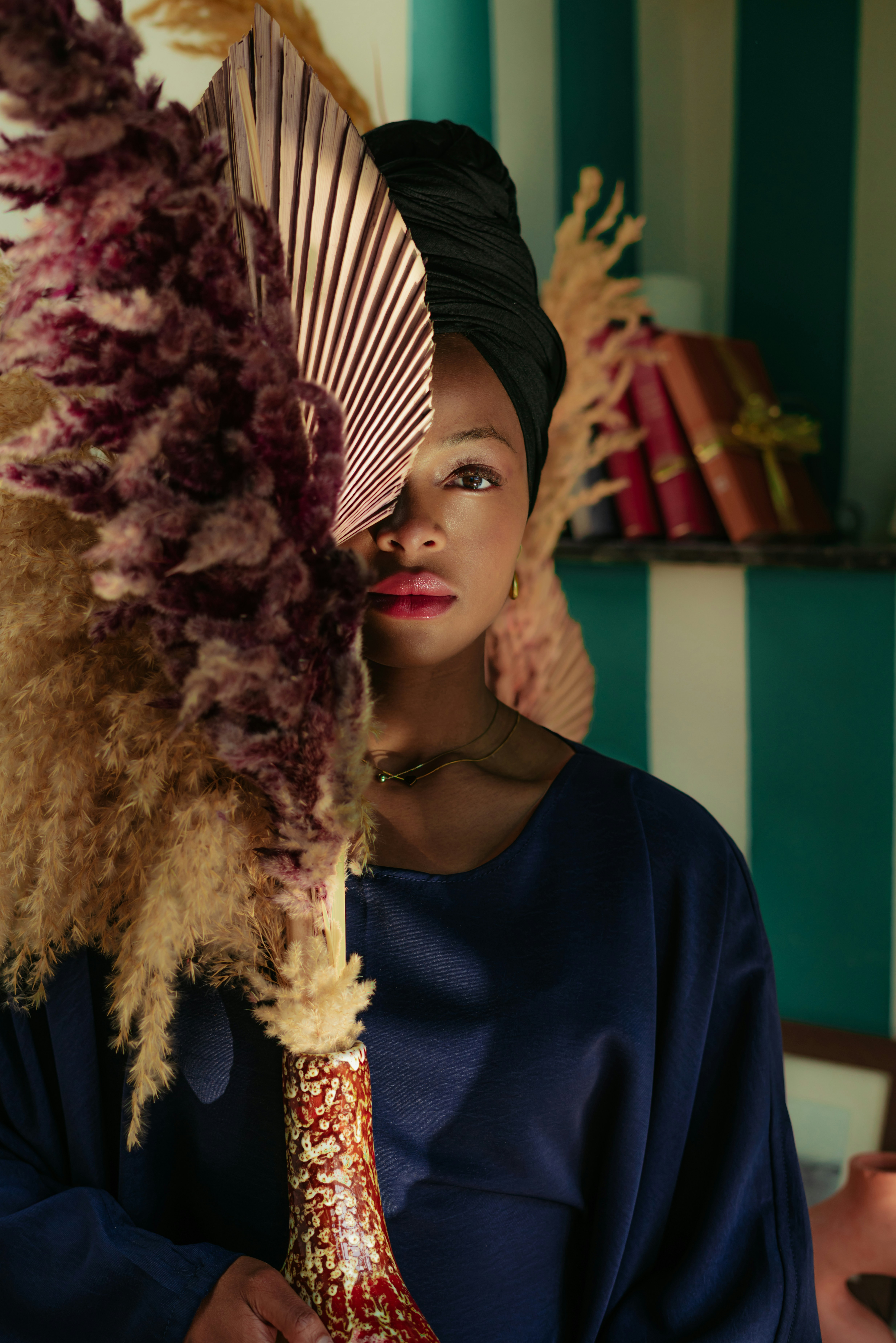 Veiled Gaze: A Portrait Between Textures and Teal Stripes