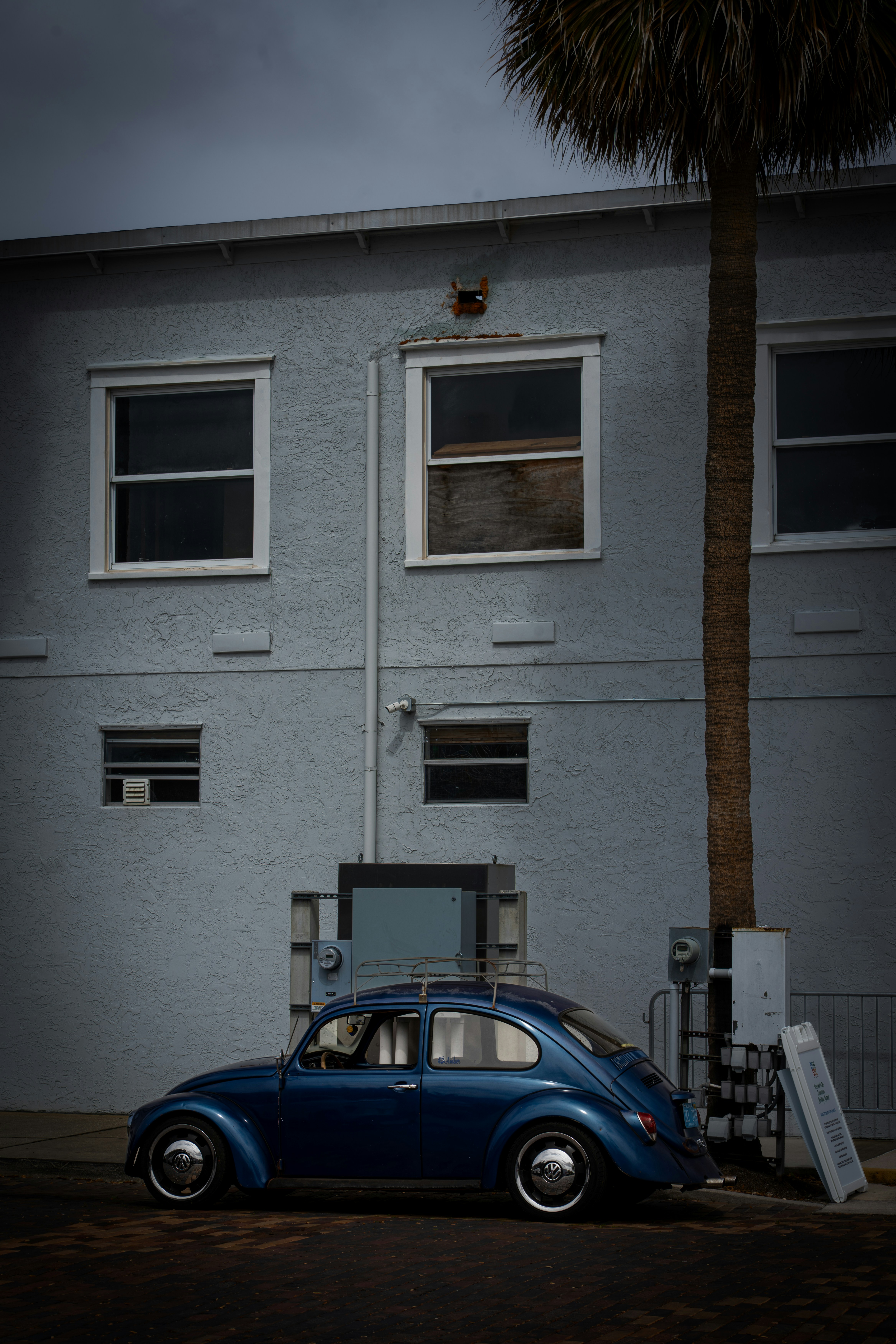 Blue vintage beetle by a pale-blue building under a palm