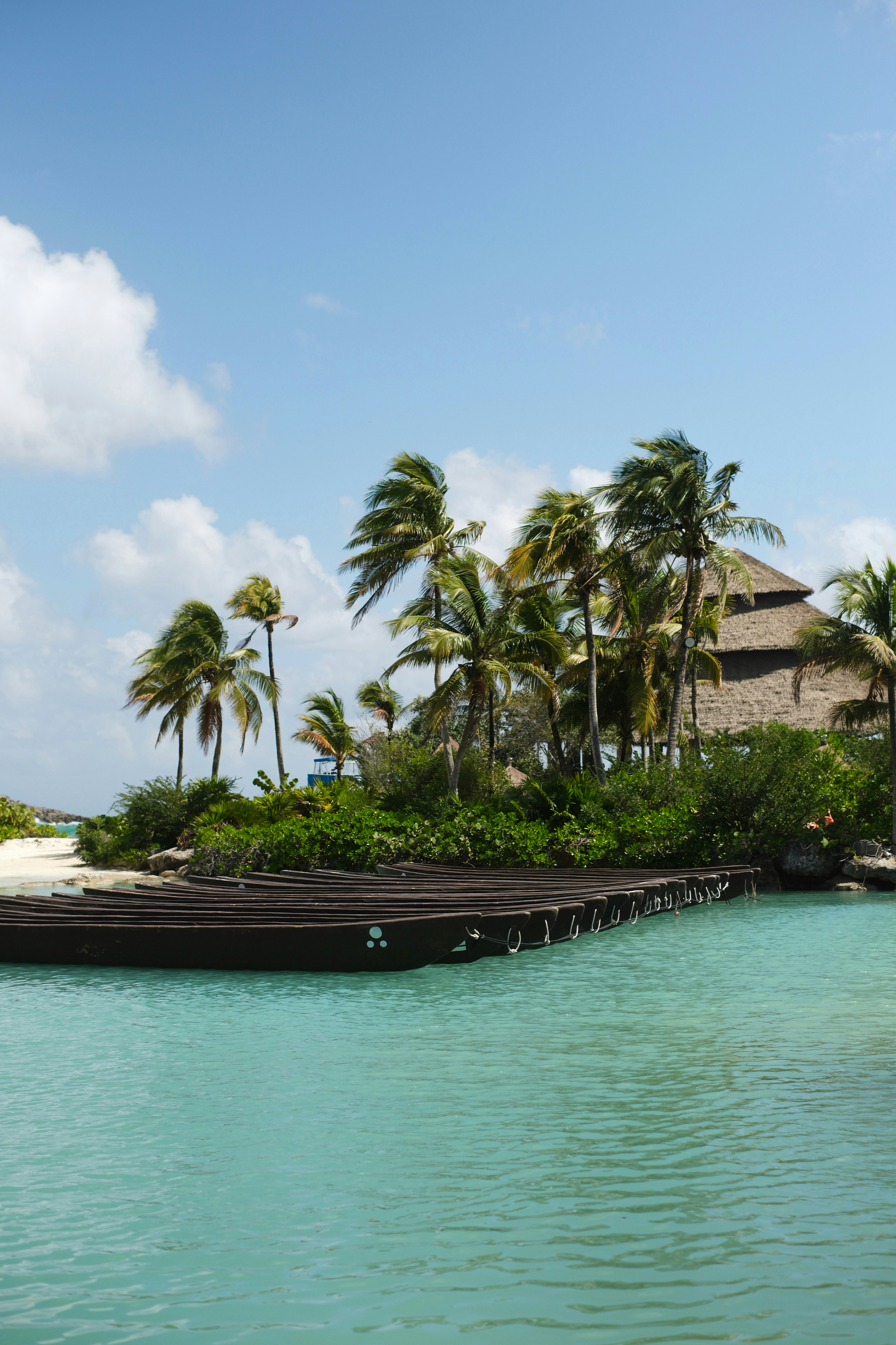 Palm Shade and Lagoon Boats at a Coral Cay