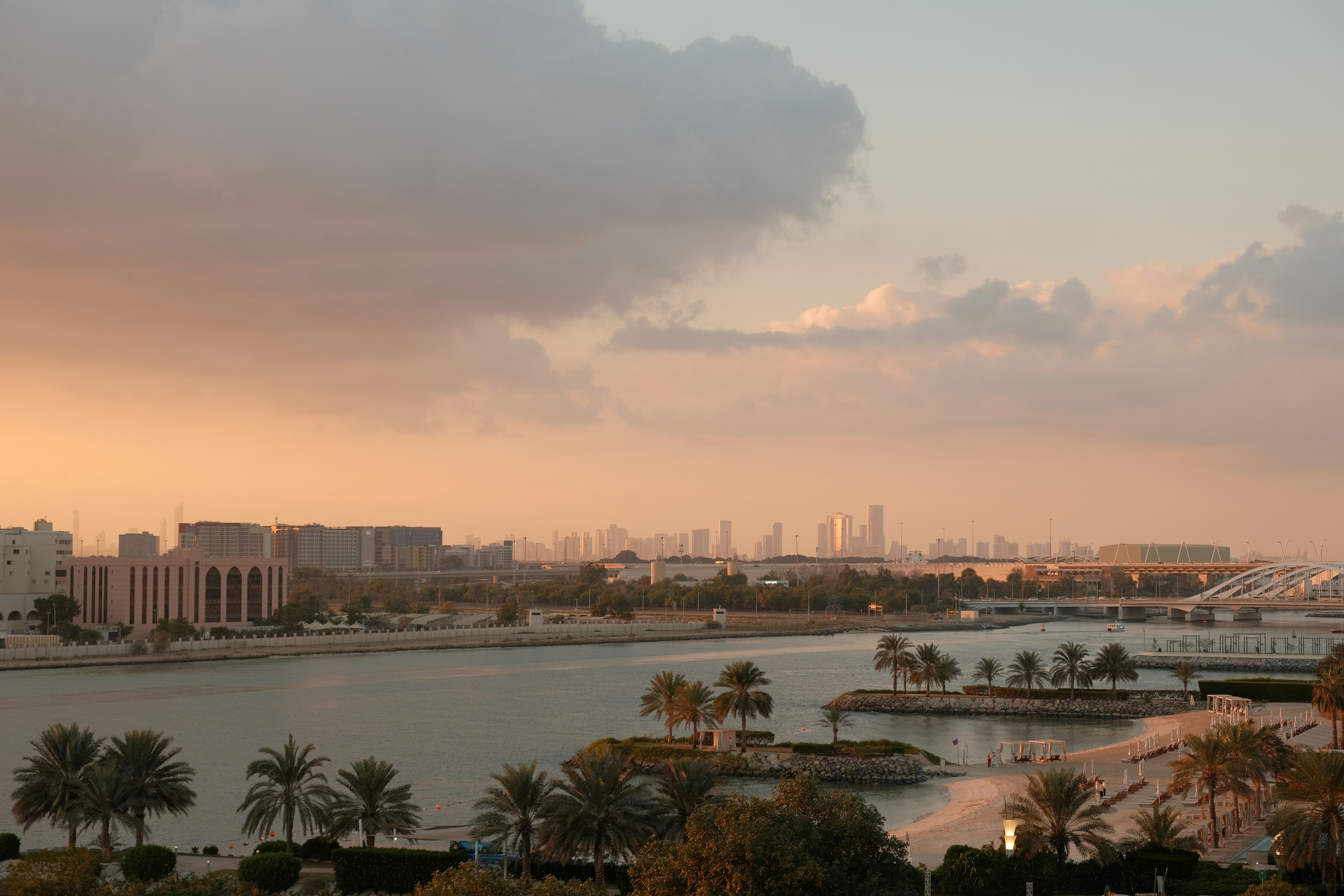 Sunset Across the Gulf: Palm Trees and Waterfront Skyline