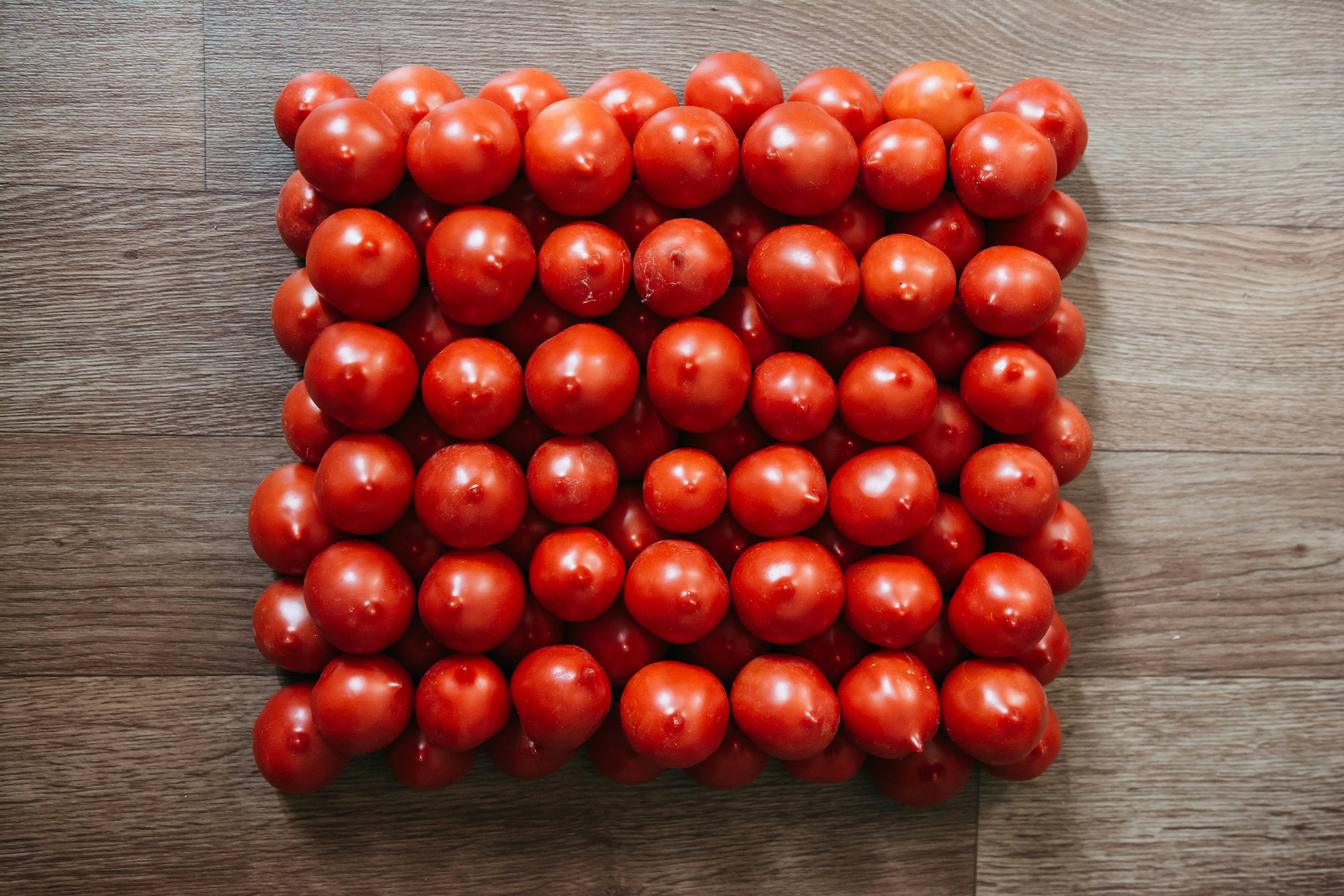 Squared Orchard: A Textile of Red Tomatoes in Woodgrain Grid