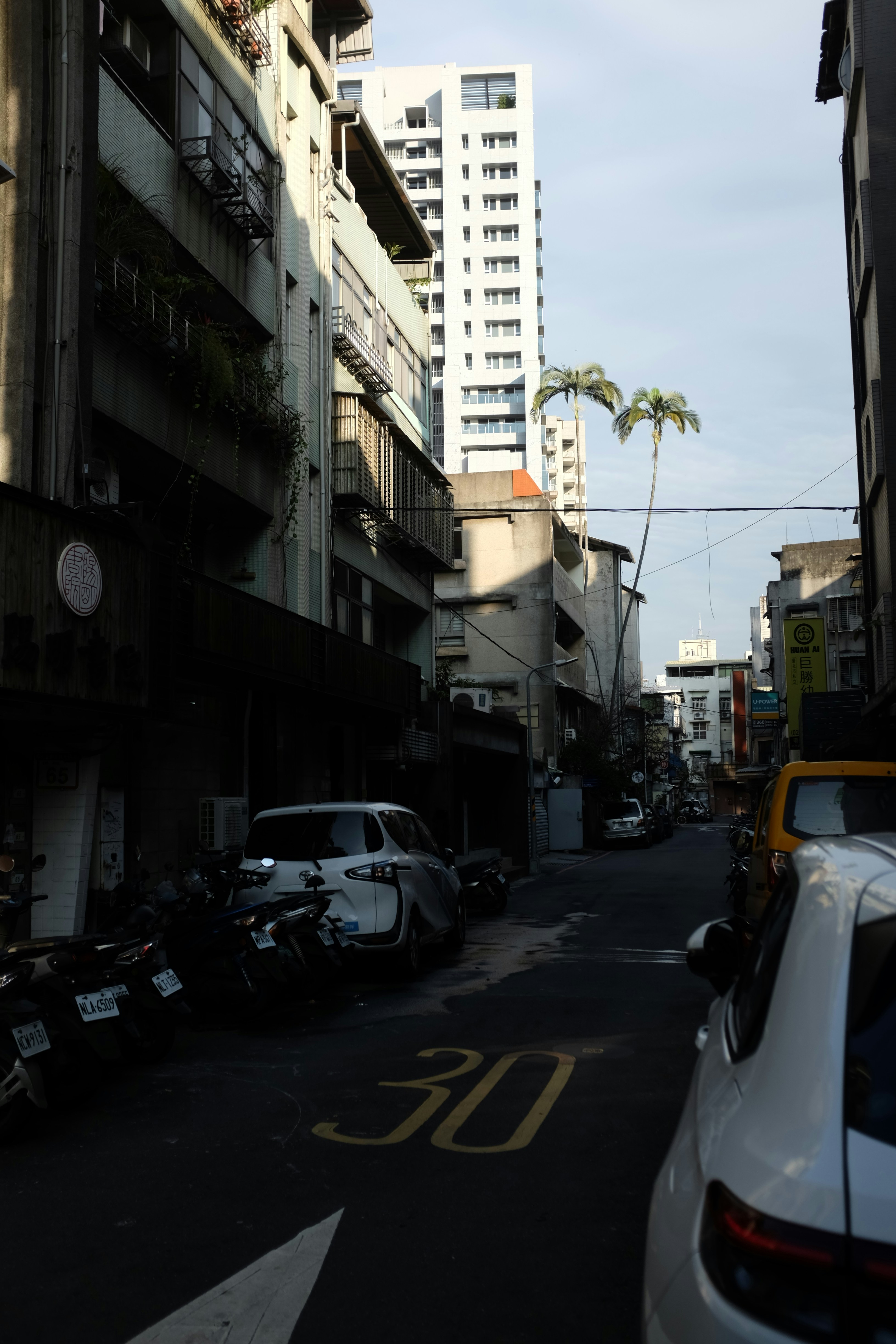 Urban Corridor with Taller Blue Sky Above Narrow Street