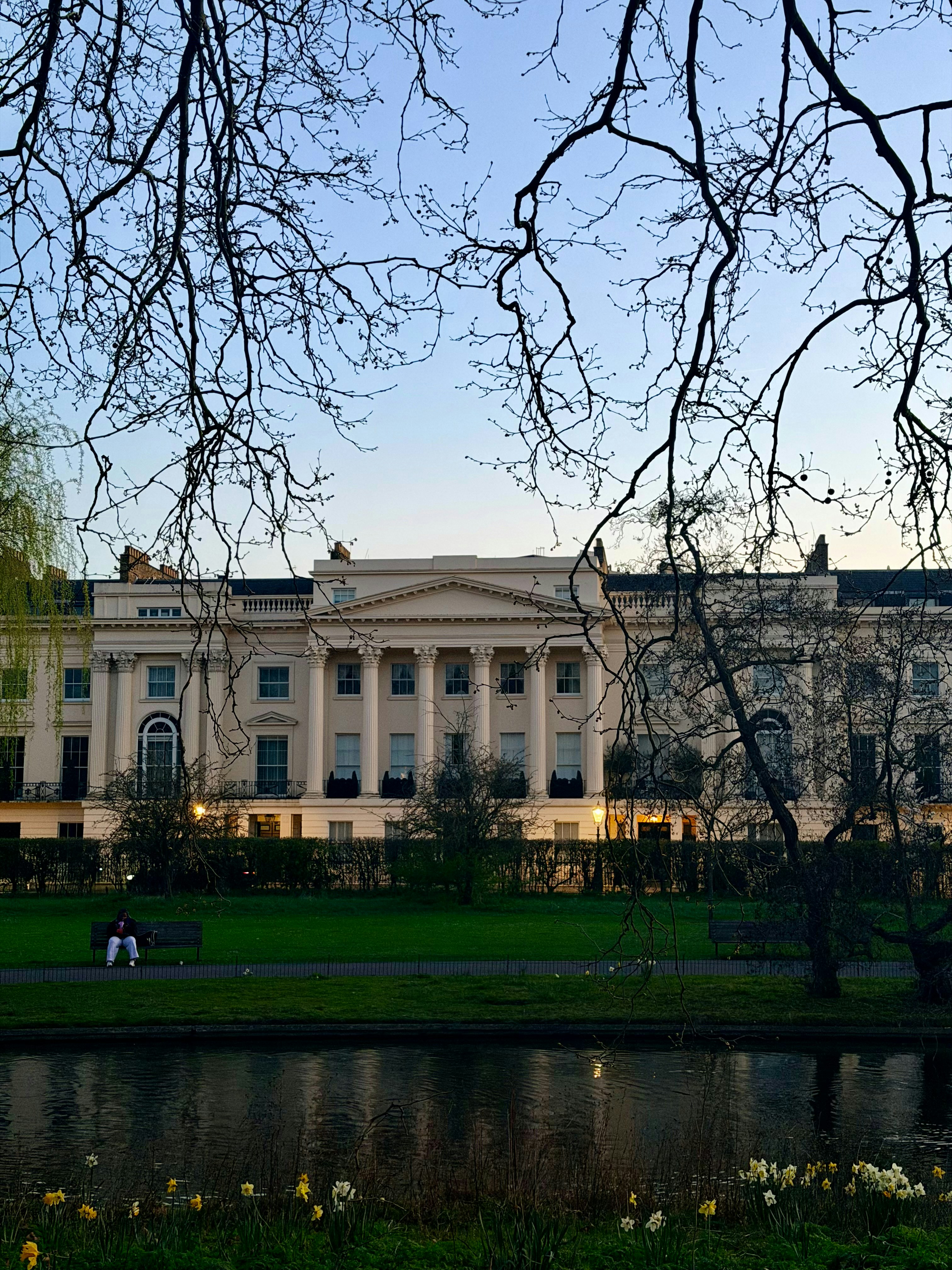 Neoclassical Facade Framed by Winter Branches