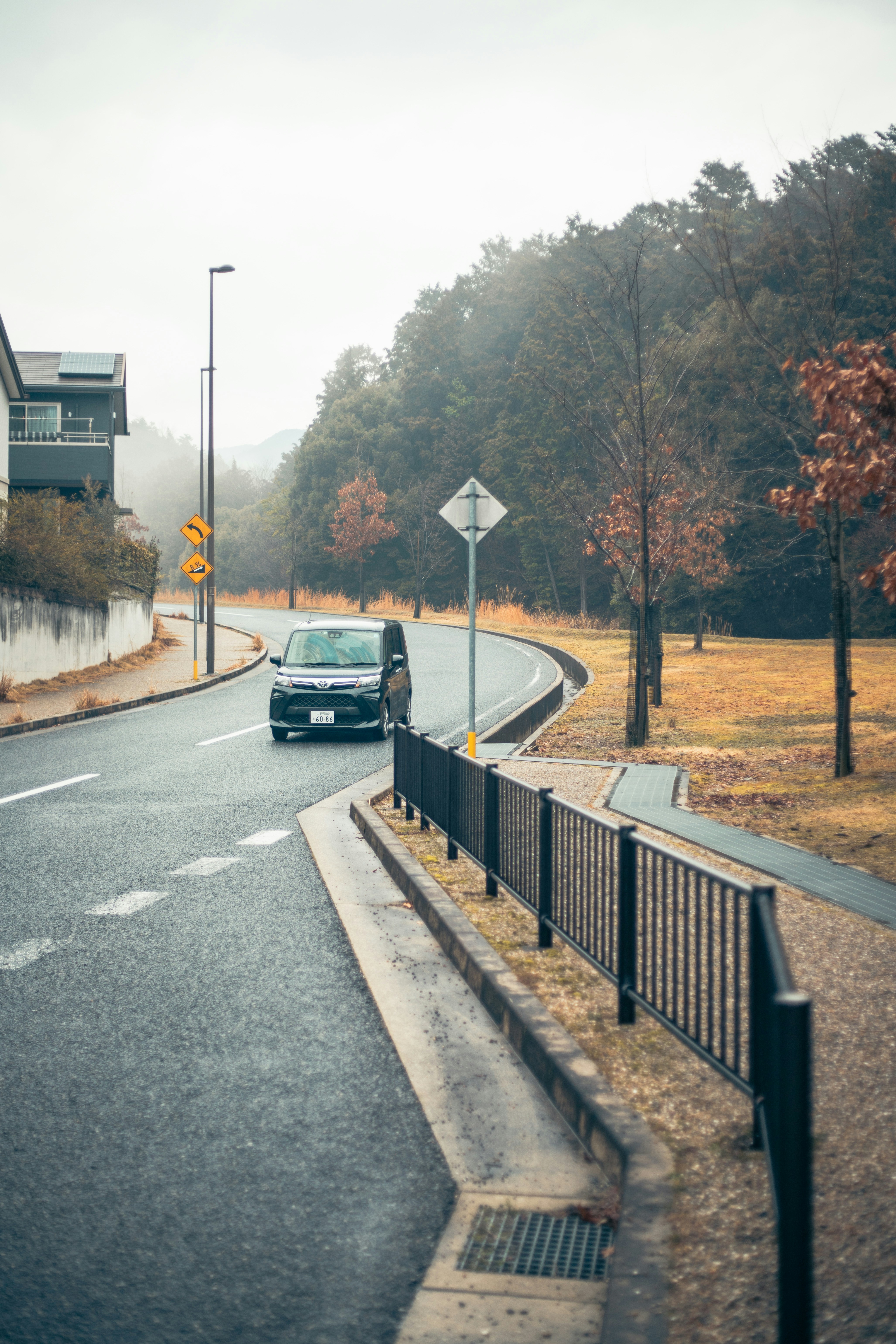 Toward the Bend: A Quiet Car on a Cloudy Autumn Road