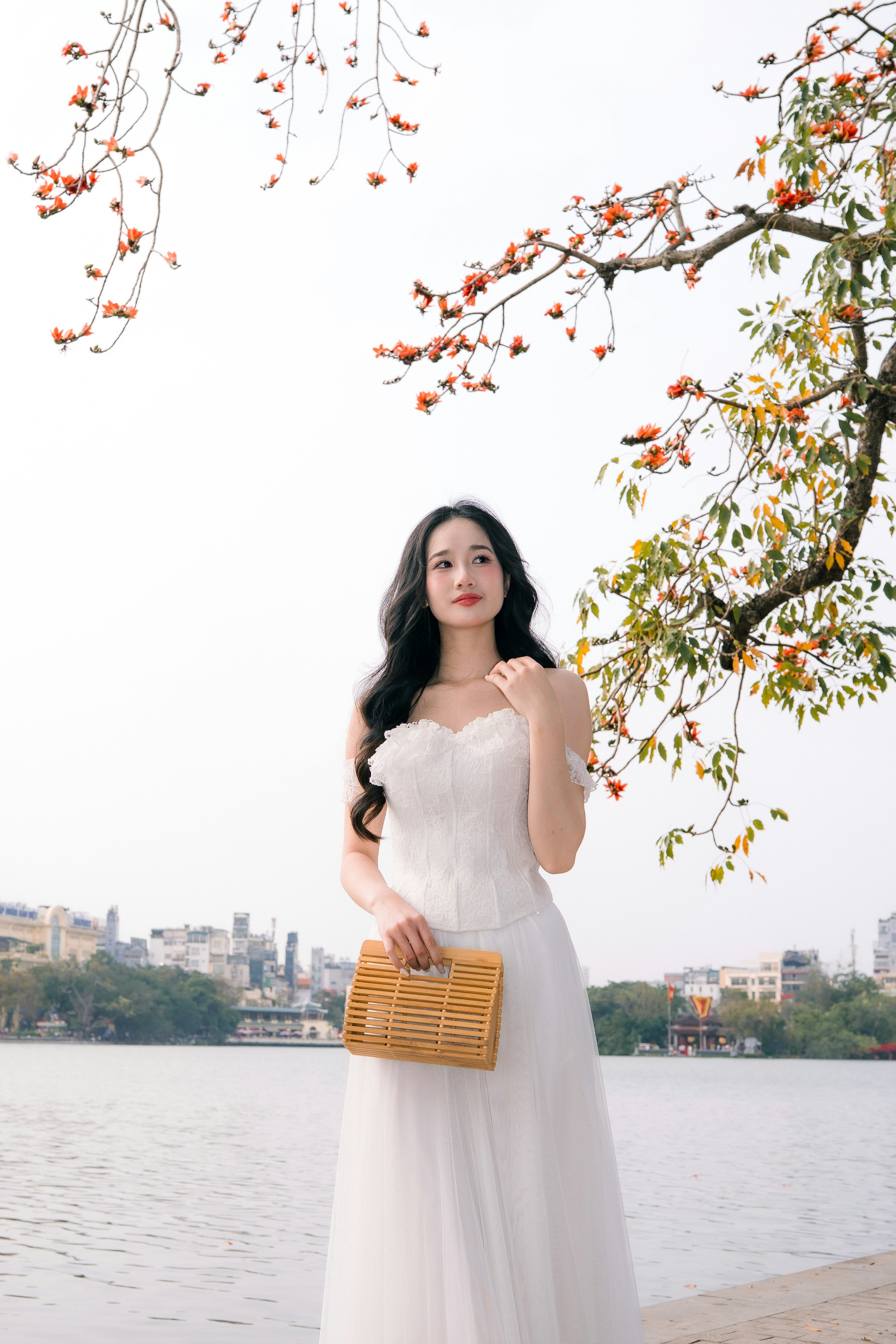 Bride by the Lake: White Dress and Autumn Branches